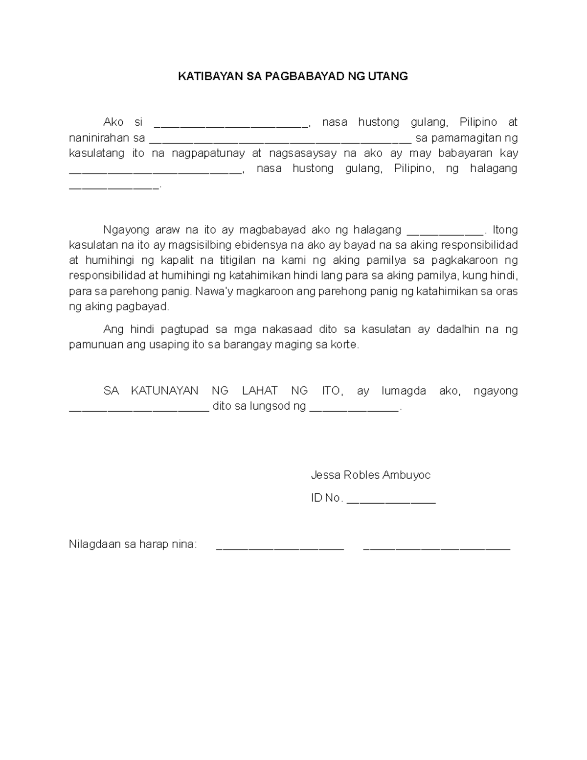 Kasulatan ng Pagbabayad ng Utang - Coursework Document - Studocu