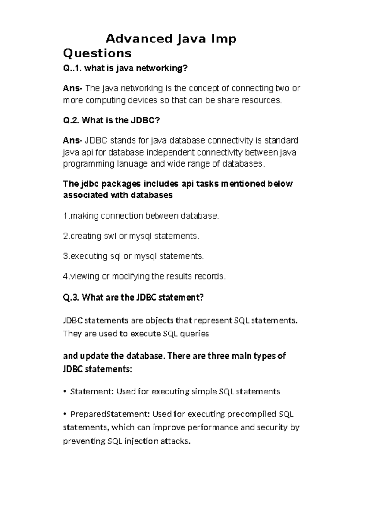Advanced Java Imp Questions: Networking, JDBC, and Driver Types - Studocu