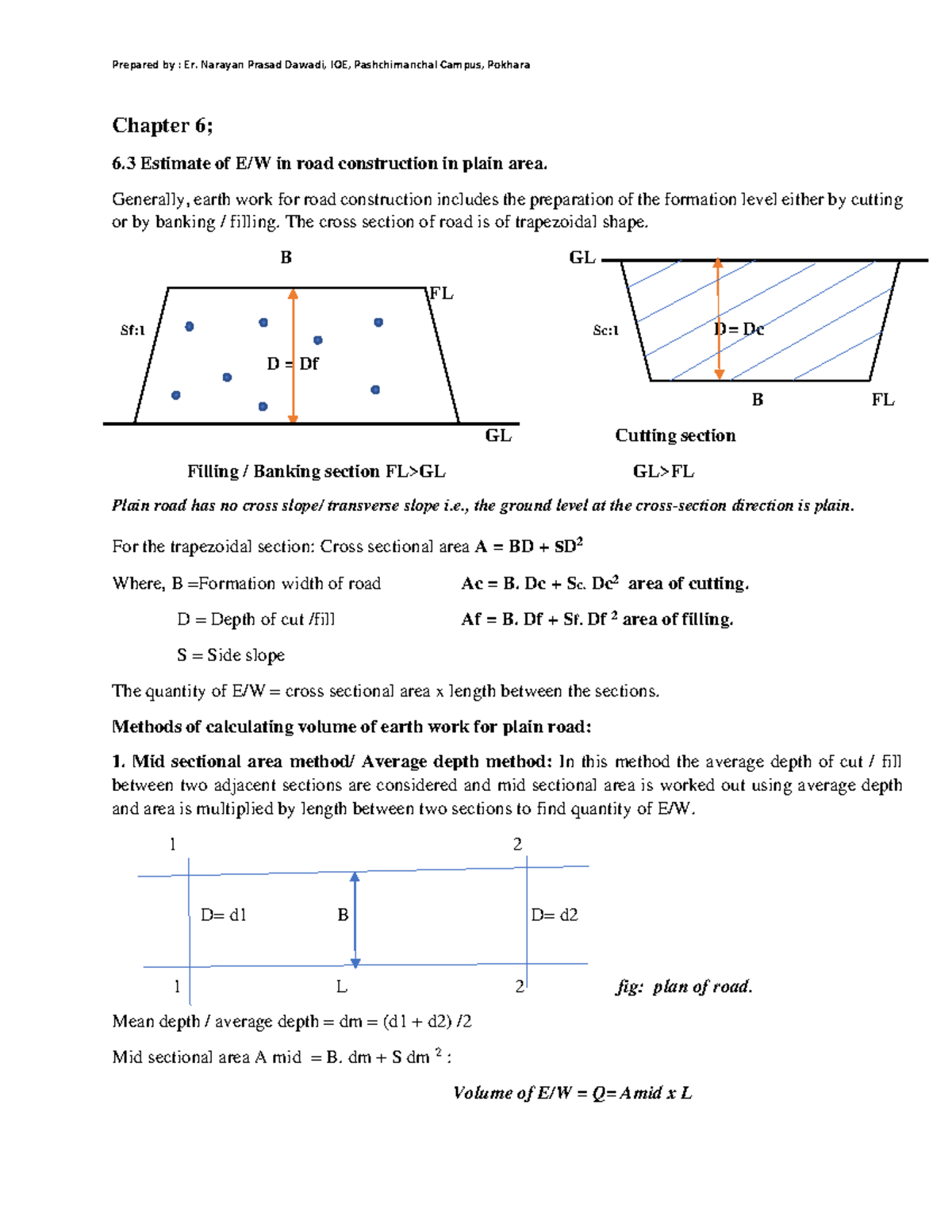Estimating Earthwork for Road Construction - Notes (Course Code ECE 202 ...