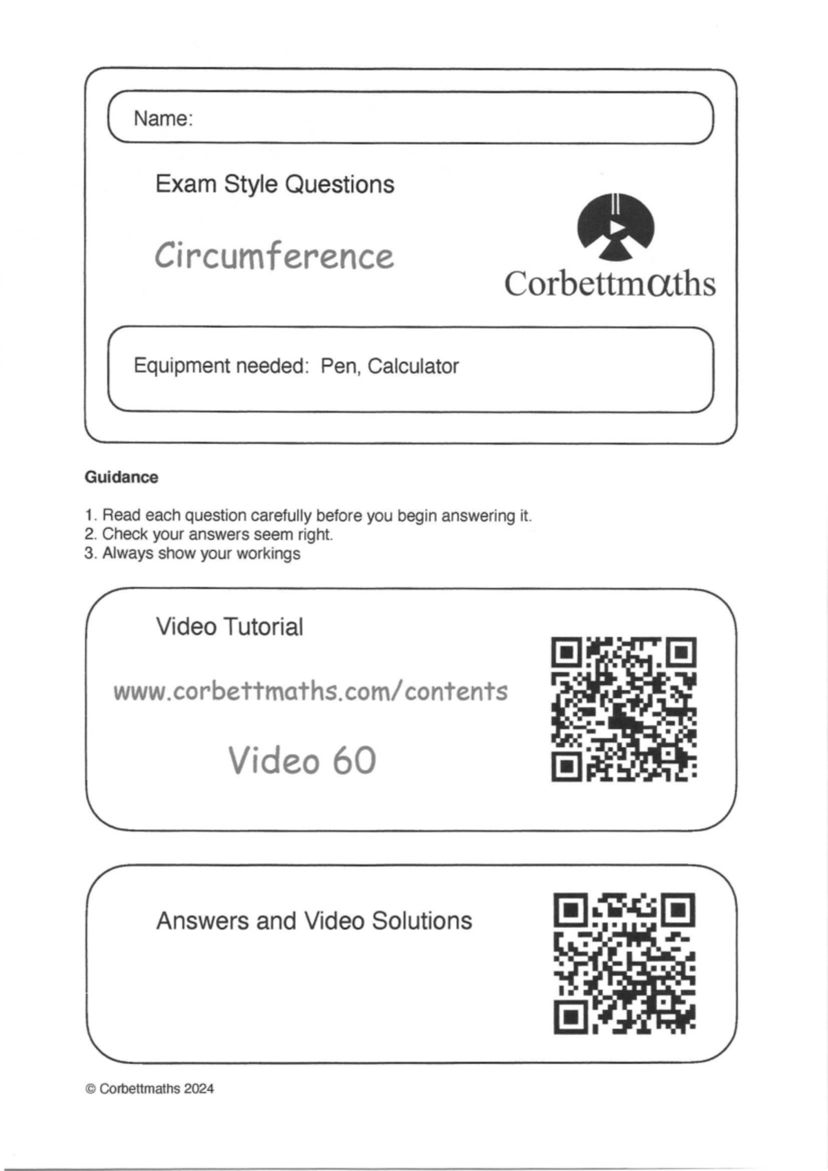 Circumference of Circle: Exam Style Questions (Corbettmaths 2024) - Studocu