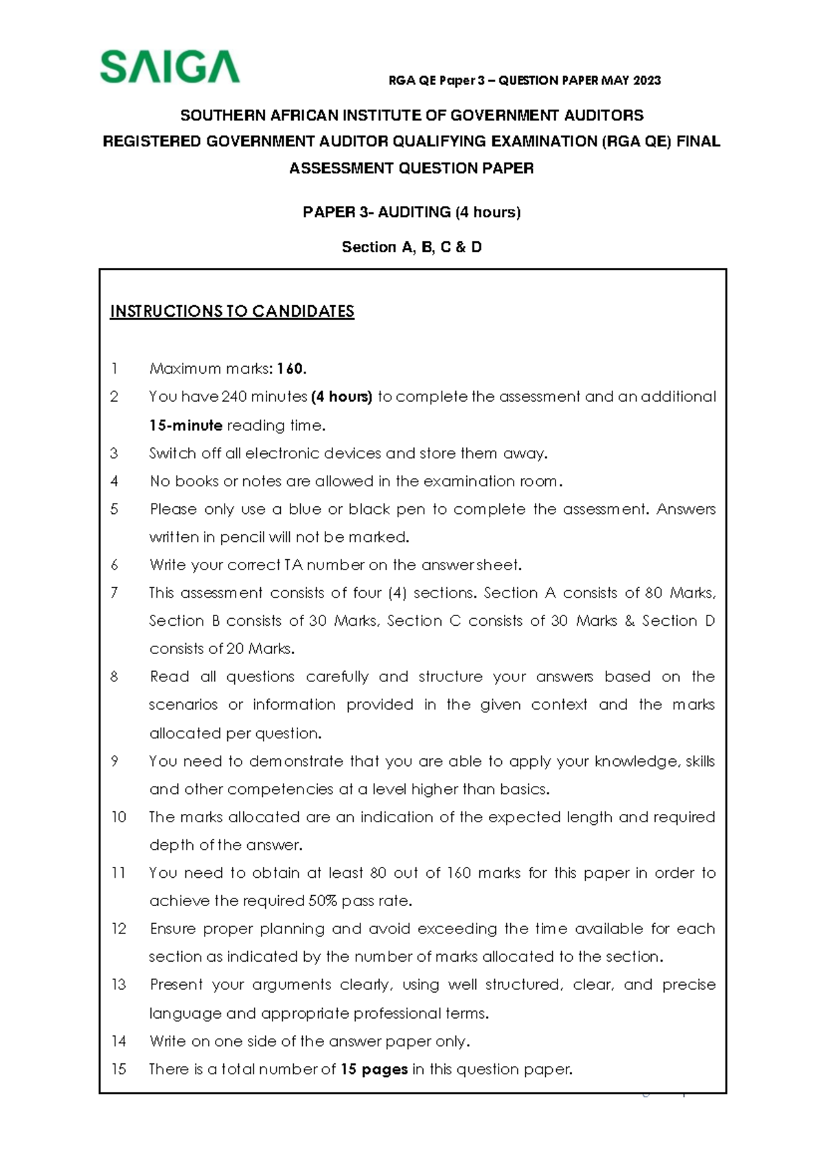 RGA QE Paper 3 Final Assessment Question Paper - May 2023 - Studocu