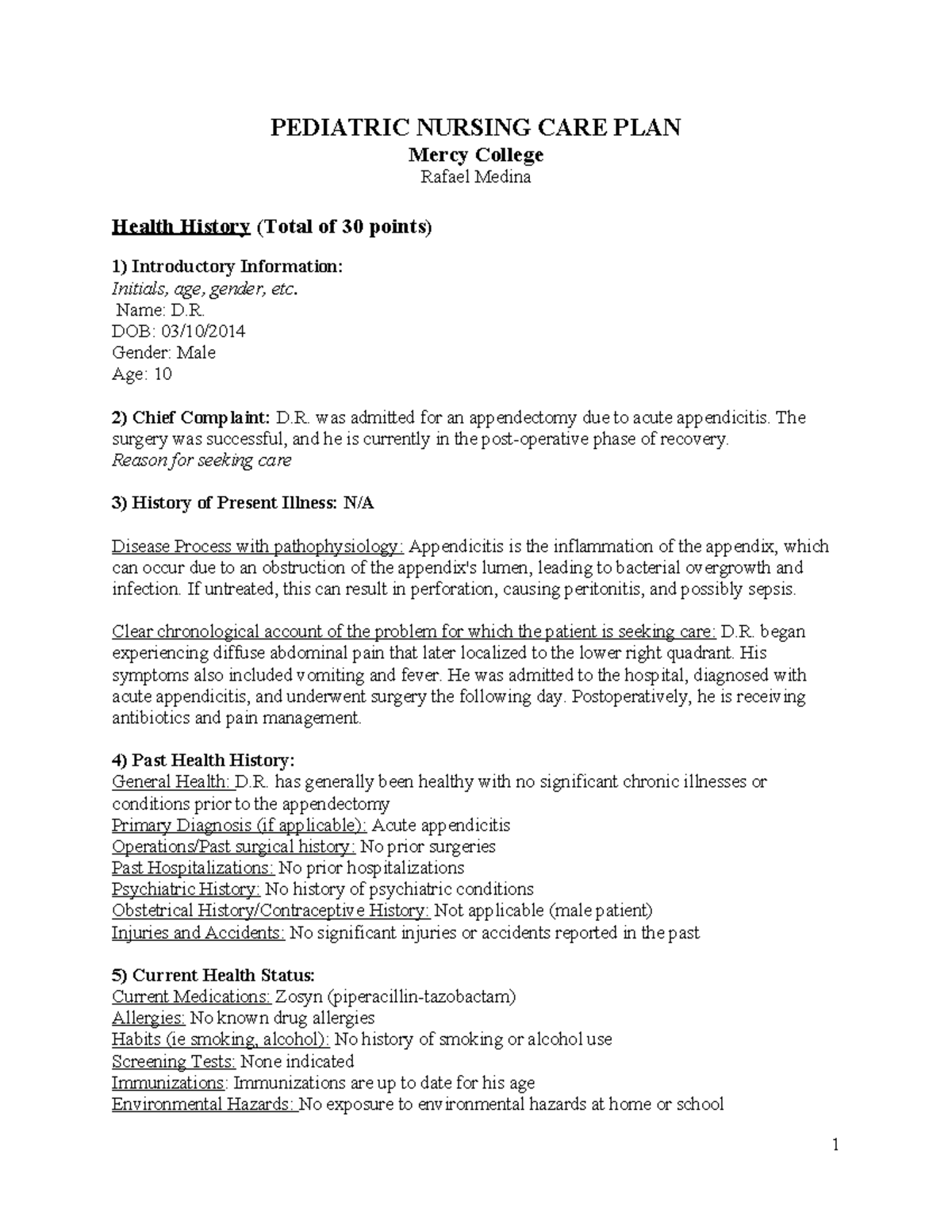 Pediatric Nursing Care Plan Sheet - PEDIATRIC NURSING CARE PLAN Mercy ...