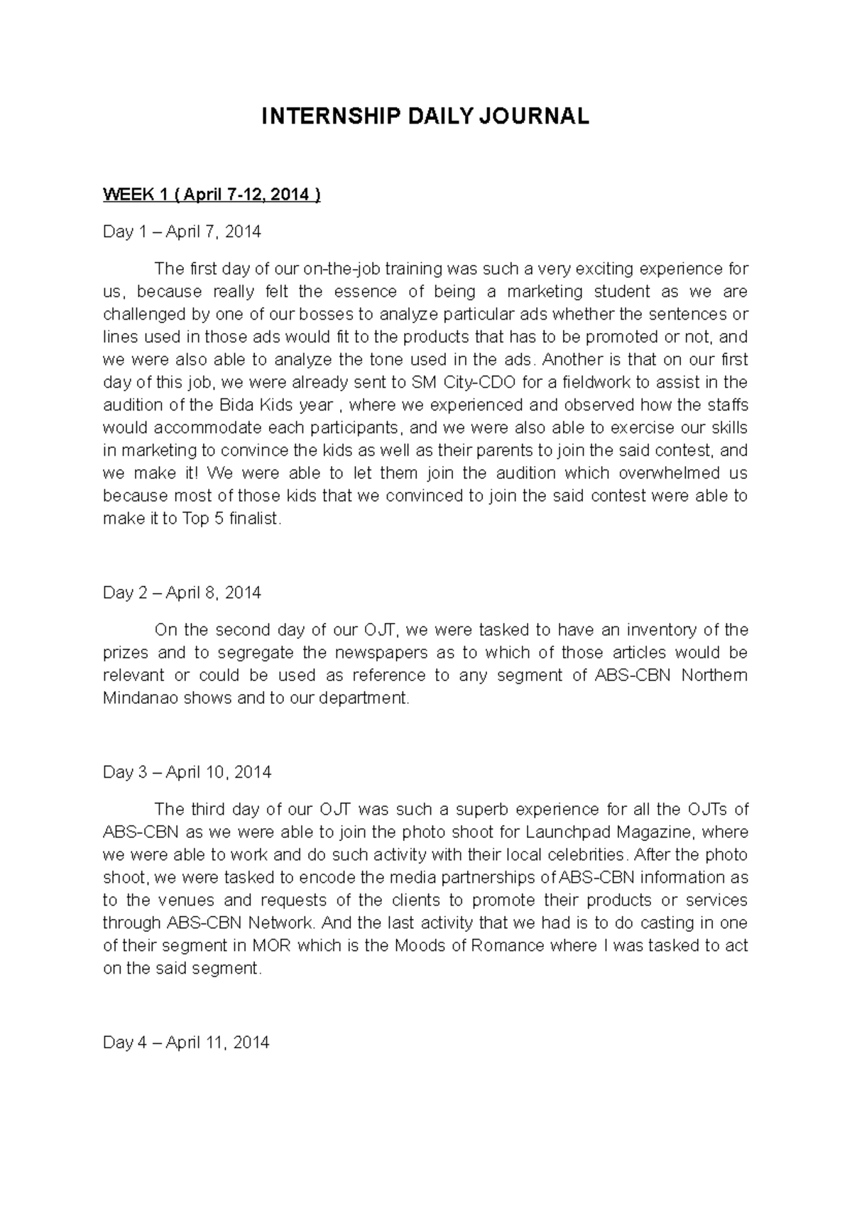 245076699 Internship Daily Journal: Reflections and Experiences - Studocu