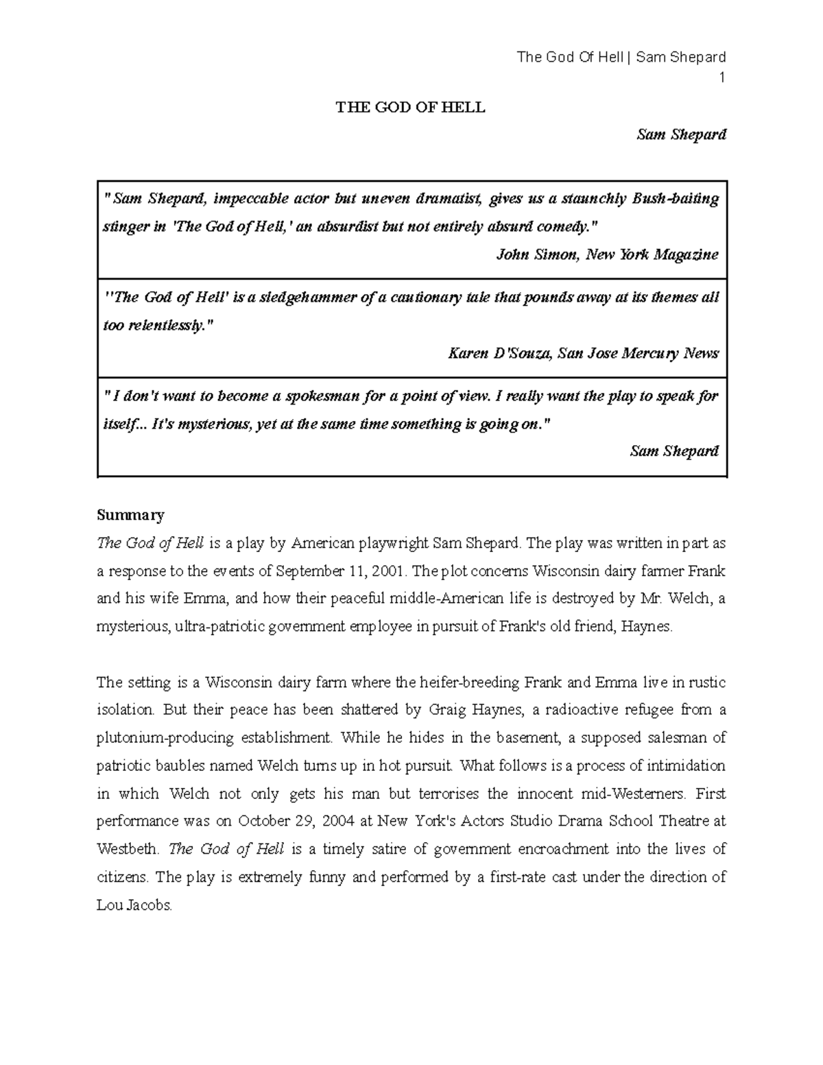 The God of Hell (Final Exam Notes) - Sam Shepard Analysis - Studocu
