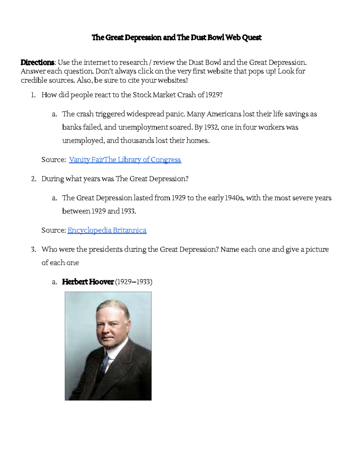 The Great Depression & Dust Bowl Web Quest: Research Directions and ...