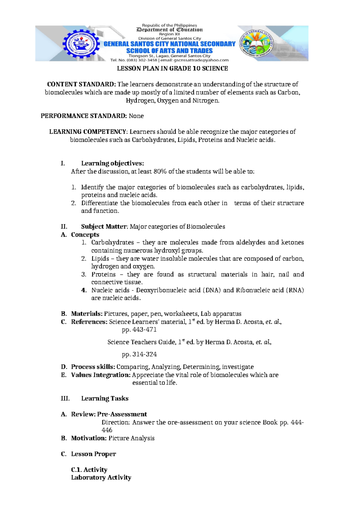 LESSON PLAN GRADE 10 - LESSON PLAN IN GRADE 10 SCIENCE CONTENT STANDARD ...