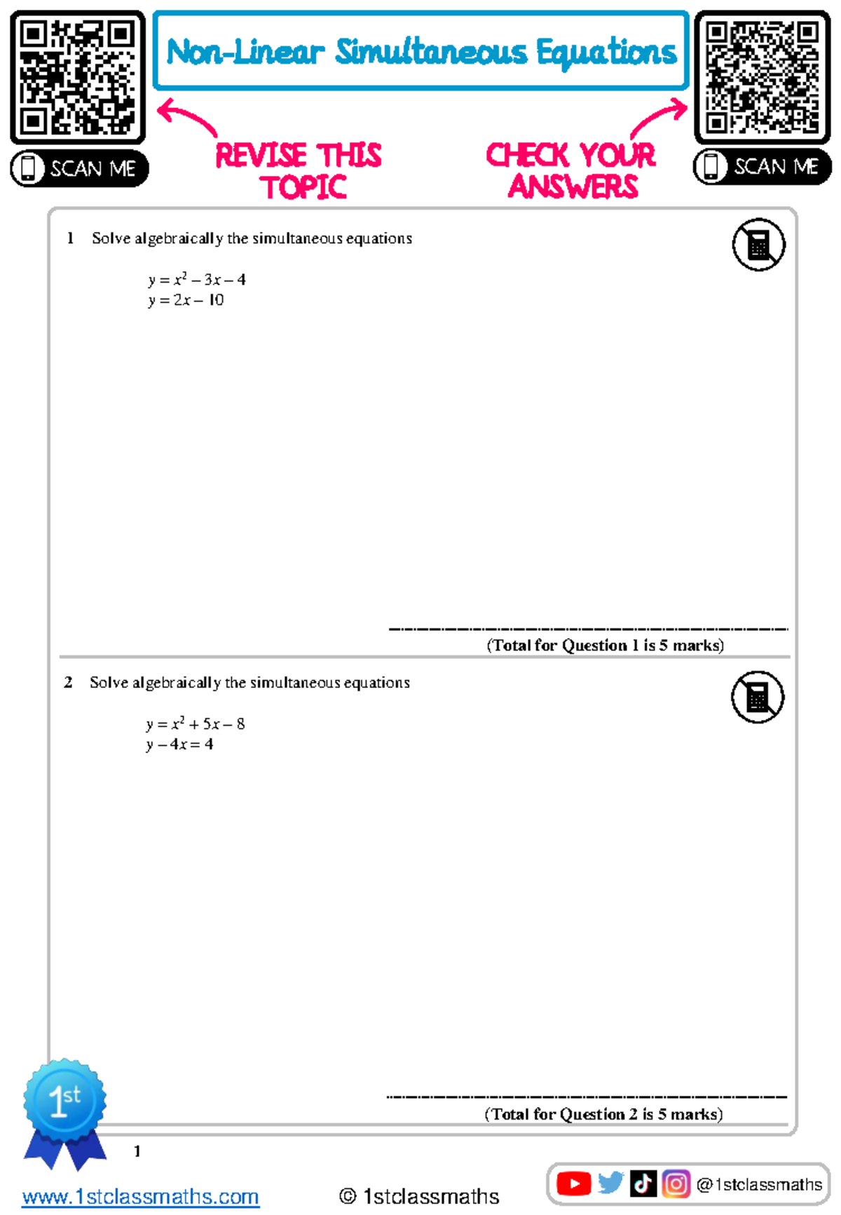 Non-Linear Simultaneous Equations SCAN ME - Edexcel Solutions - Studocu