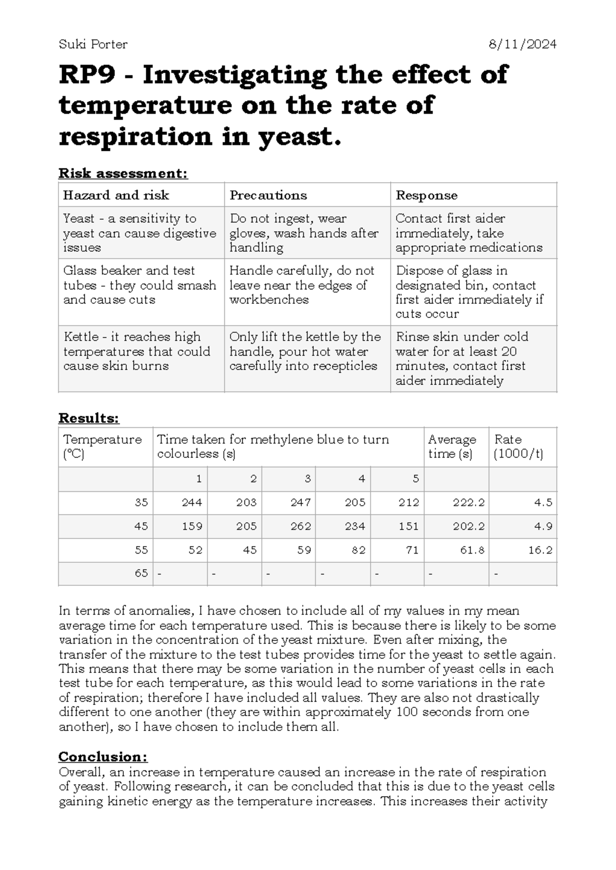 RP9: Exploring Temperature's Impact on Yeast Respiration Rates - Studocu
