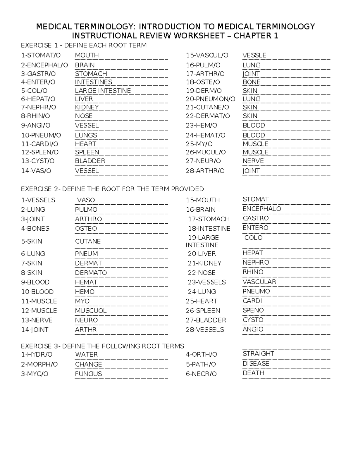 Chapter 1 - Medical Terminology ROOT Terms Worksheet - Studocu