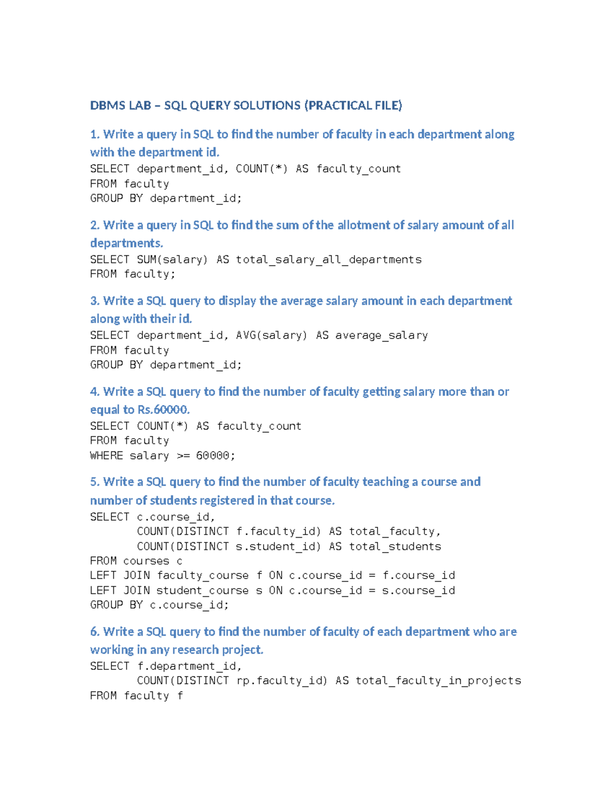 DBMS LAB SQL QUERY SOLUTIONS (PRACTICAL FILE) - Studocu