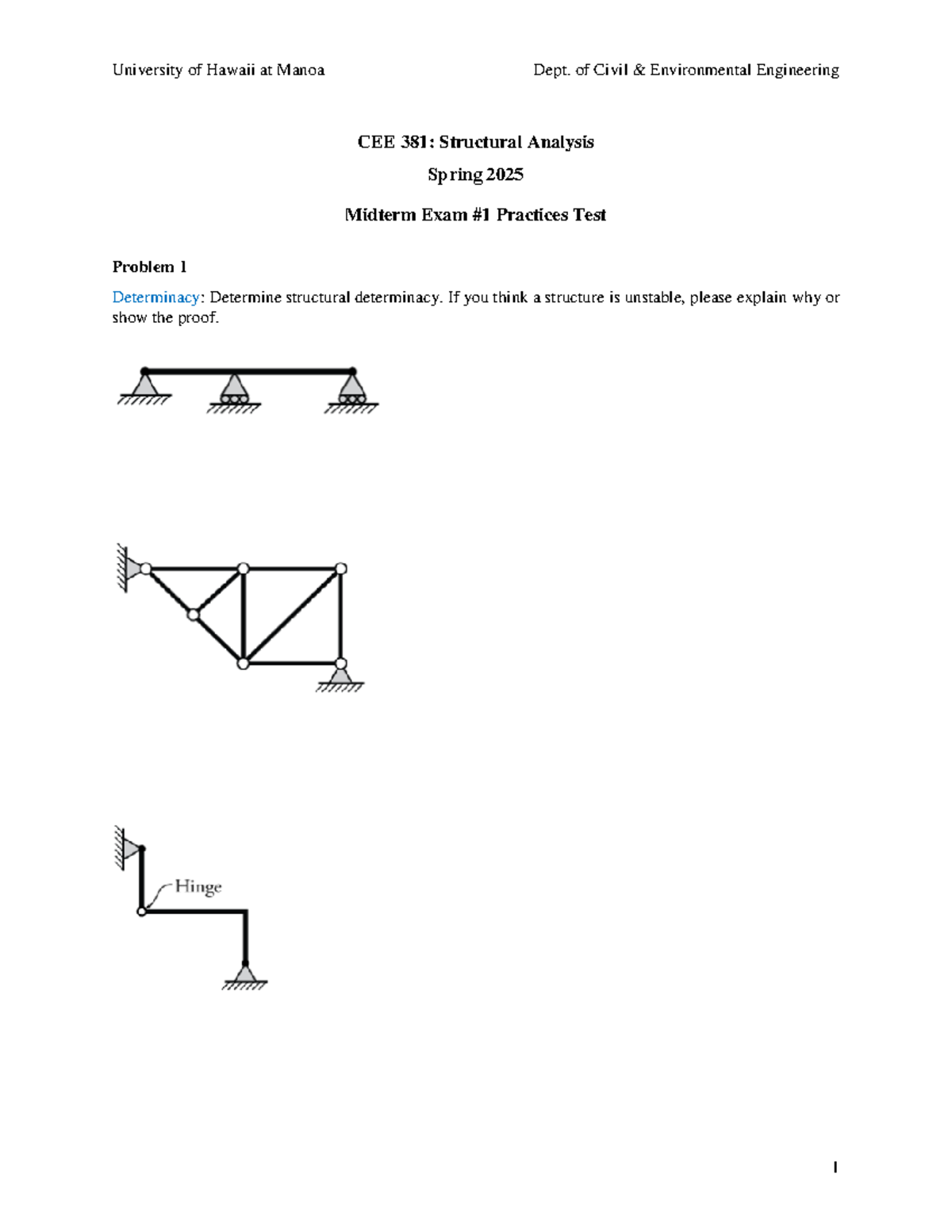 CEE 381: Structural Analysis Spring 2025 Midterm Exam Practice Test ...