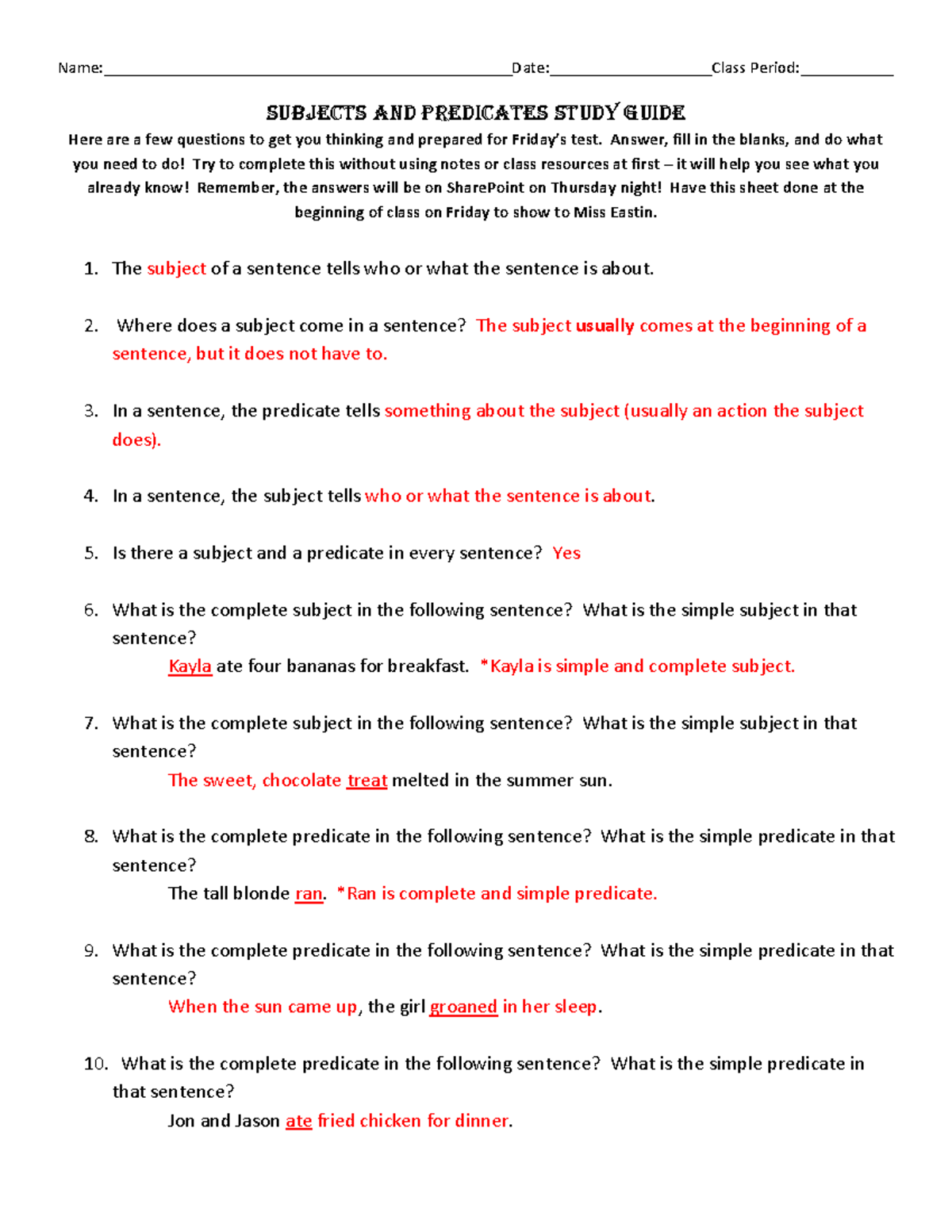Subjects and Predicates Study Guide for Test Preparation - Studocu