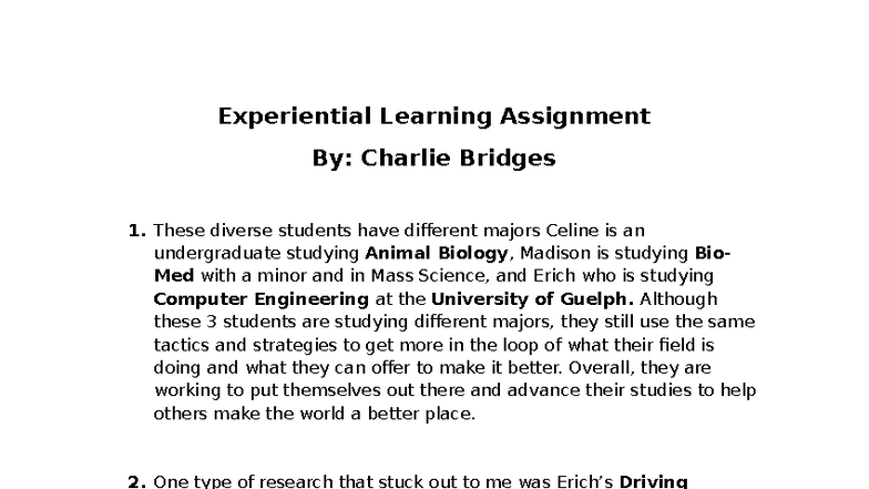Experiential Learning Assignment: Insights from Diverse Student Majors ...