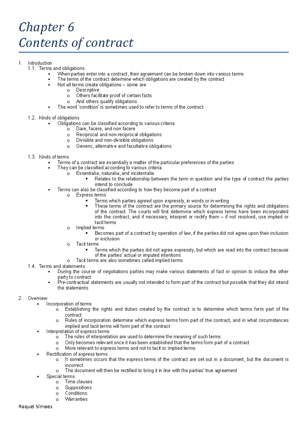 Chapter 6- contents of contract - LAWS2015 - Wits University - Studocu