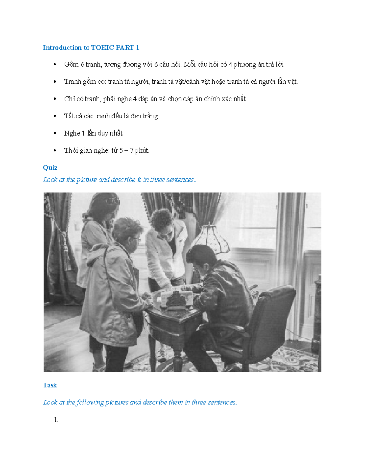 TOEIC PART 1: Photo Descriptions and Listening Tips - Studocu