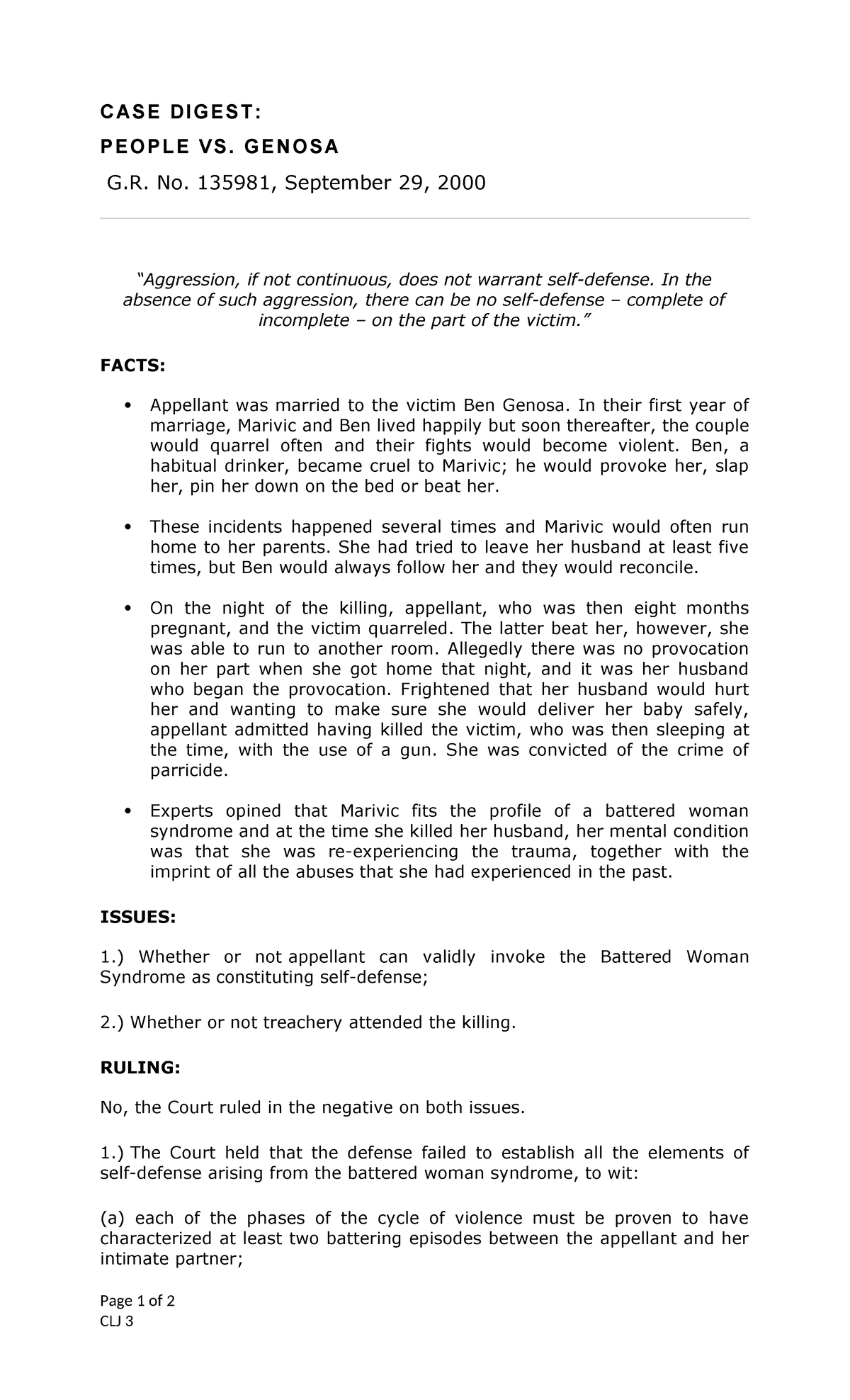PP VS Genosa case digest - C A S E D I G E S T : P E O P L E V S. G E N ...