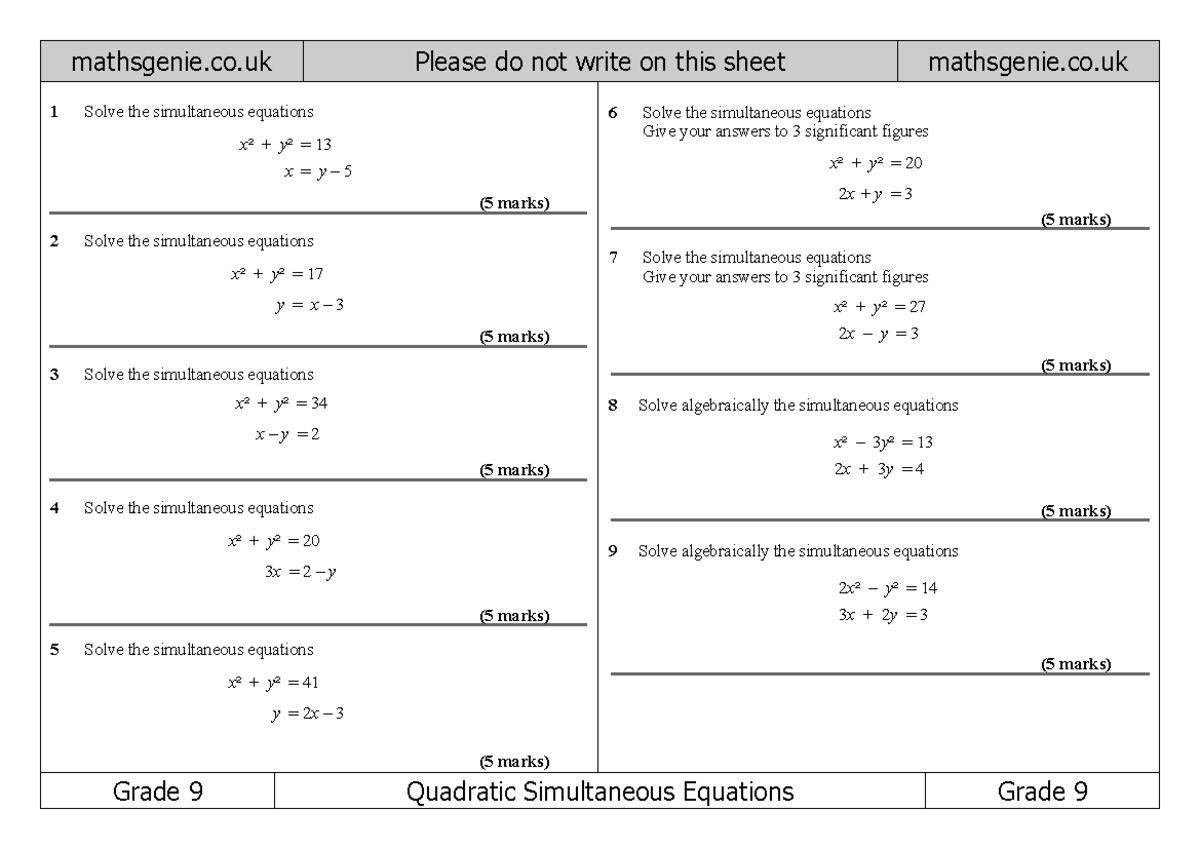 9-quadratic-simultaneous-equations-ws - mathsgenie.co Grade 9 Quadratic ...