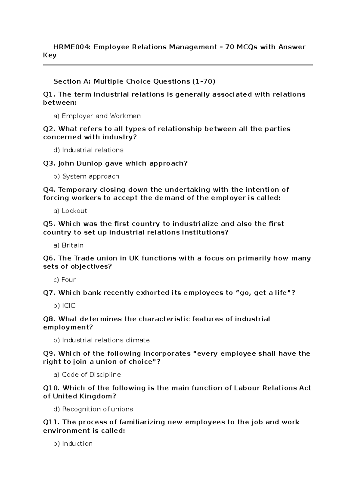 HRME004: Employee Relations Management - 30 MCQs with Answers - Studocu