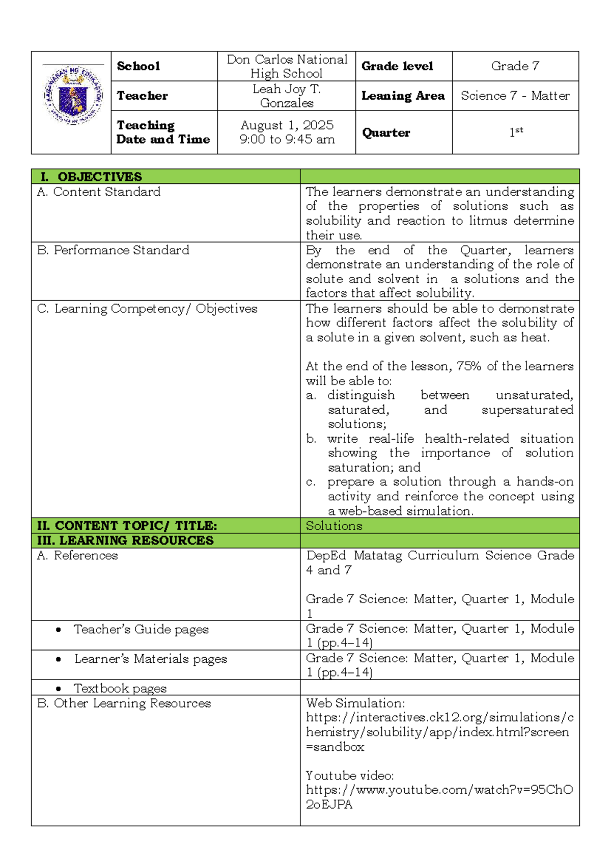Grade 7 Science Lesson Plan: Understanding Solutions and Saturation ...