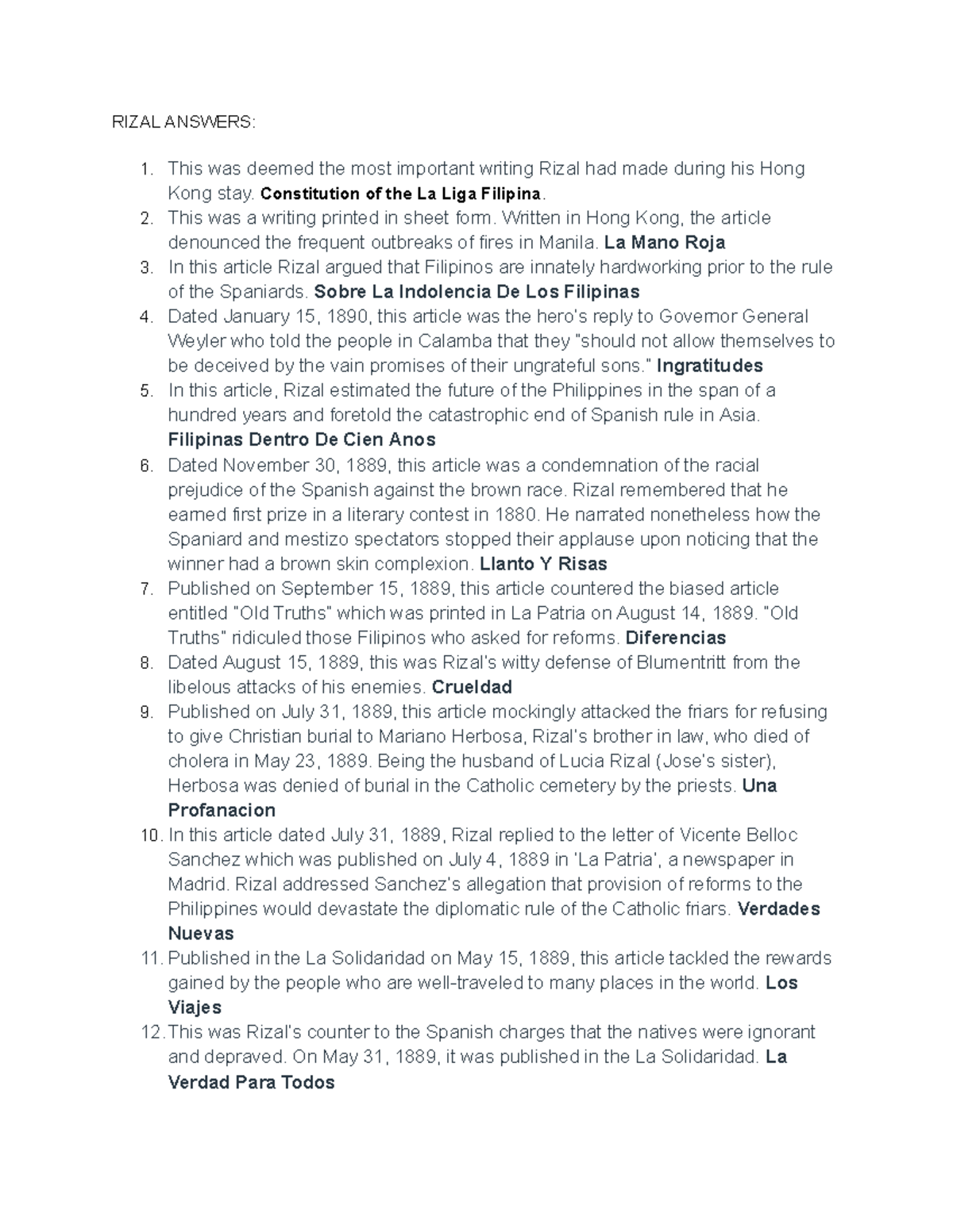 RIZAL SEMI-FINALS ANSWER KEY: Key Writings and Poems Analysis - Studocu