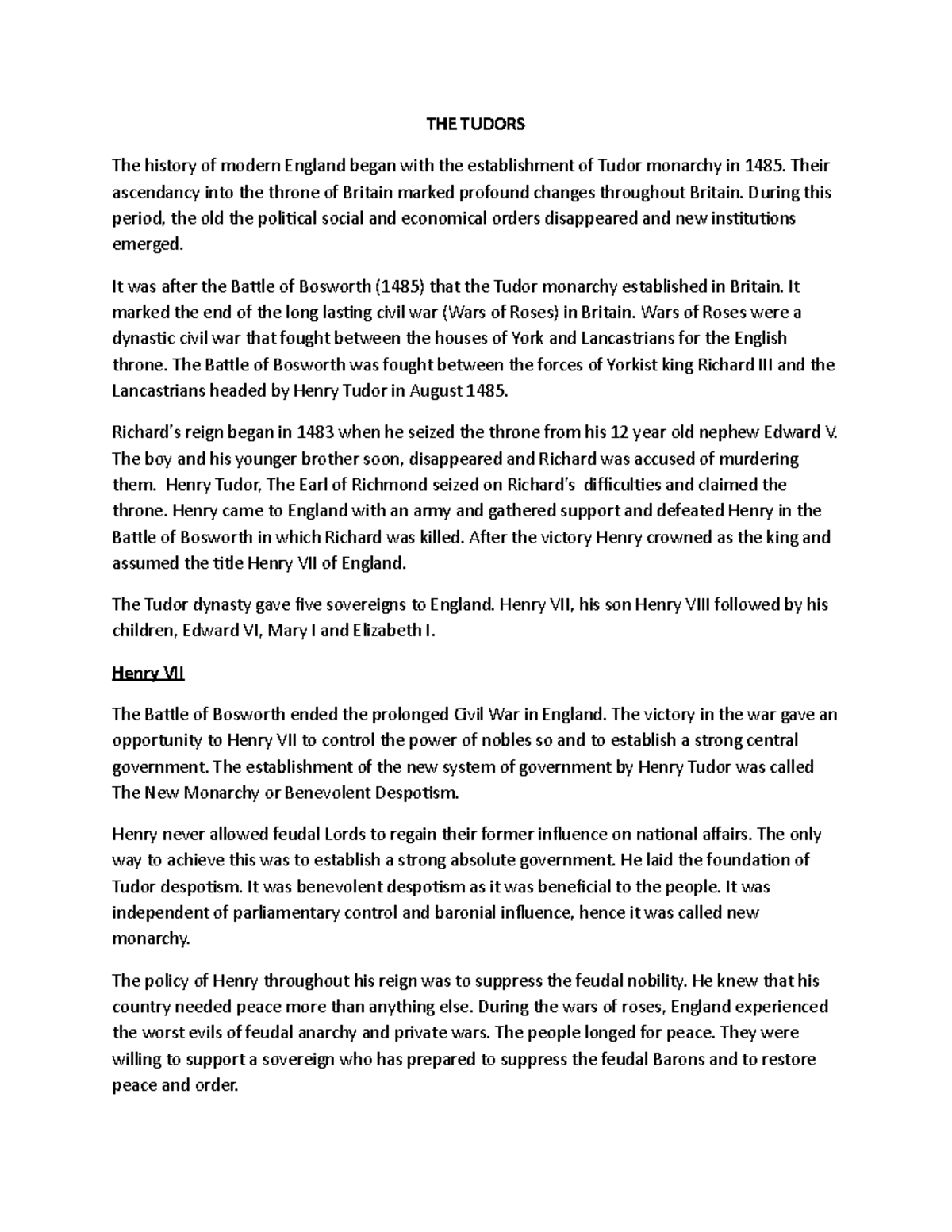 Tudors Lecture Notes: Key Events and Figures in English History - Studocu