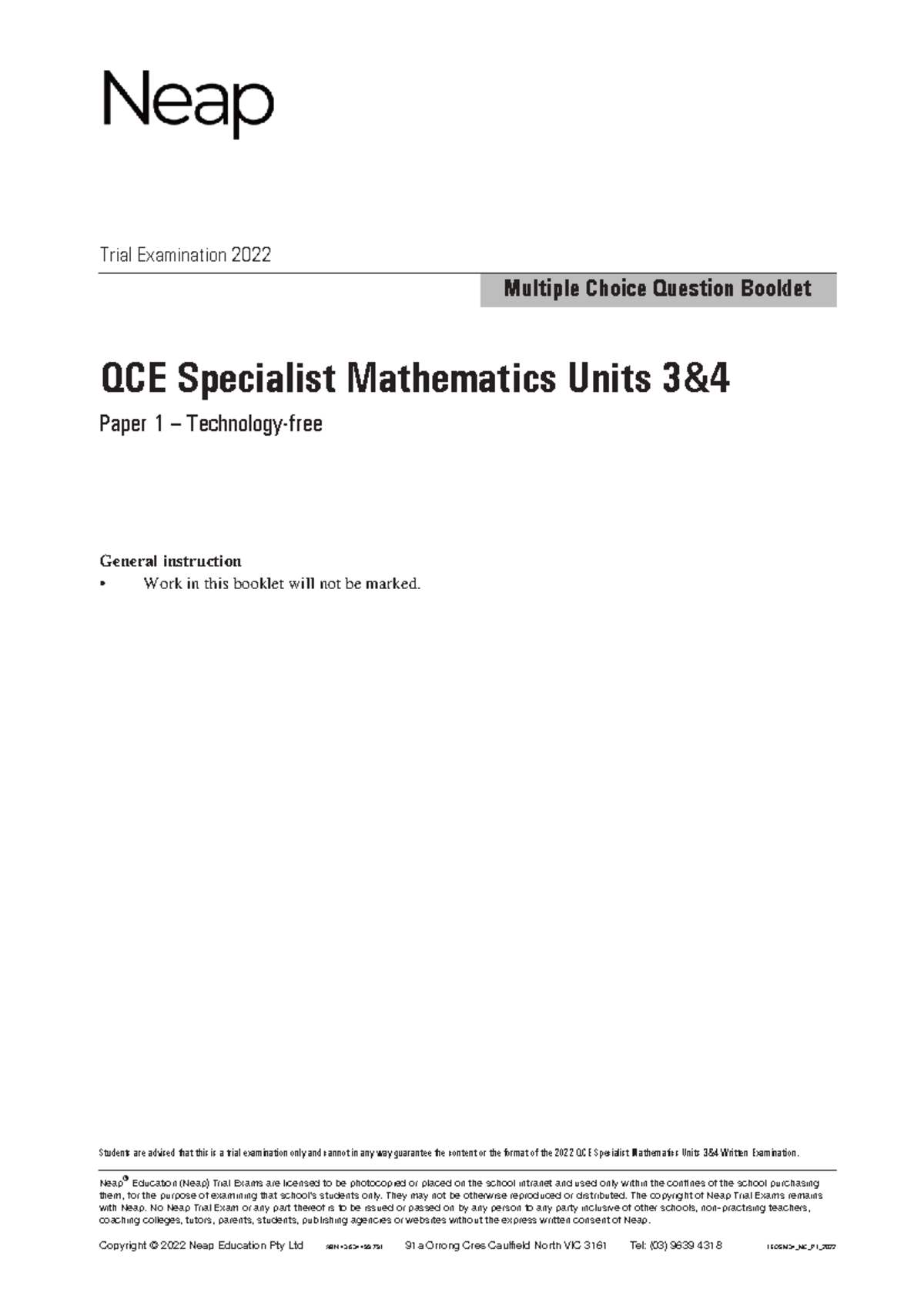 QCE Specialist Mathematics Units 3&4 Trial Exam Paper 1 MCQ Booklet ...
