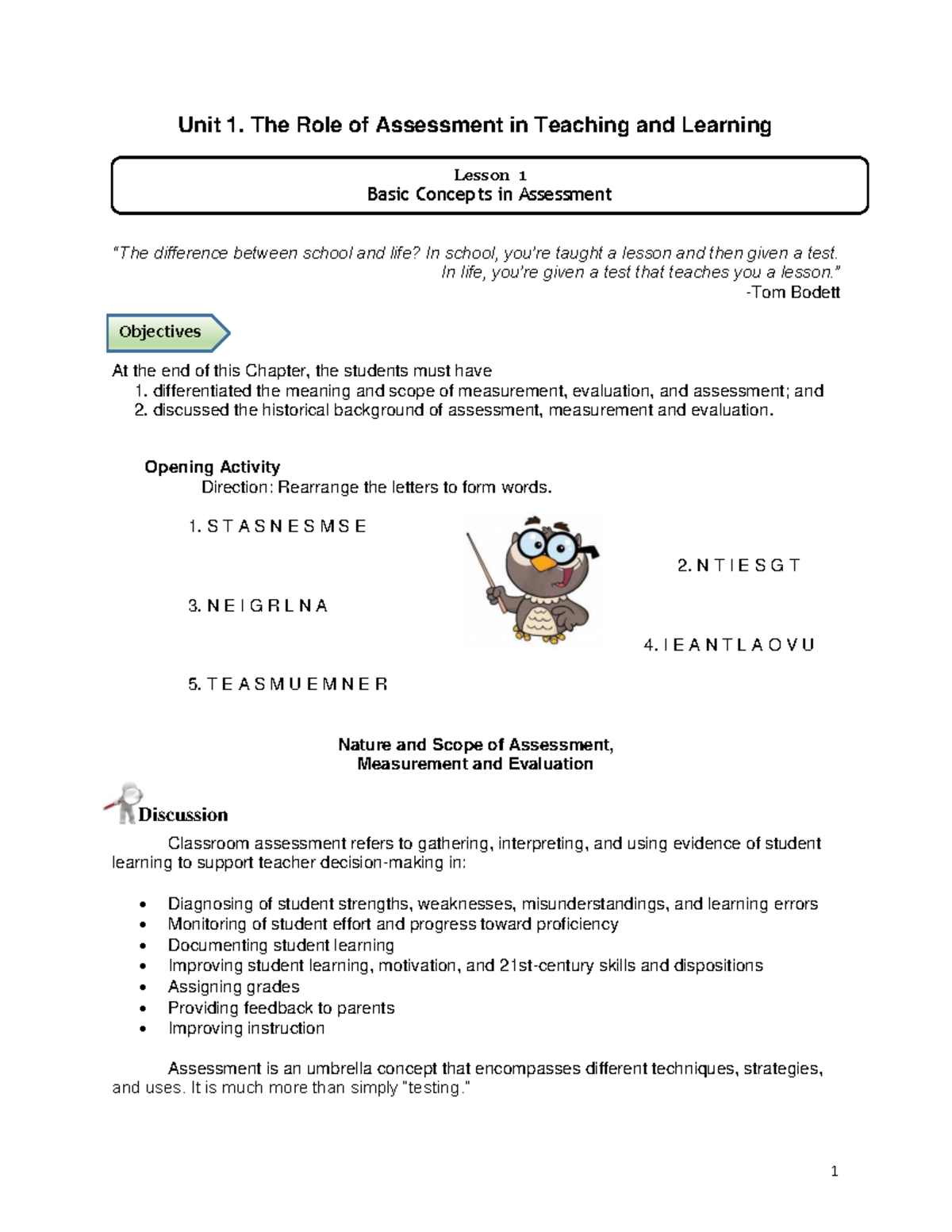 Unit 1 Lesson 1 Basic Concepts in Assessment - Unit 1. The Role of Assessment in Teaching and ...