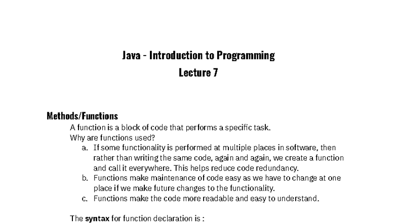 Java CS101 Lecture 7: Understanding Functions in Programming - Studocu