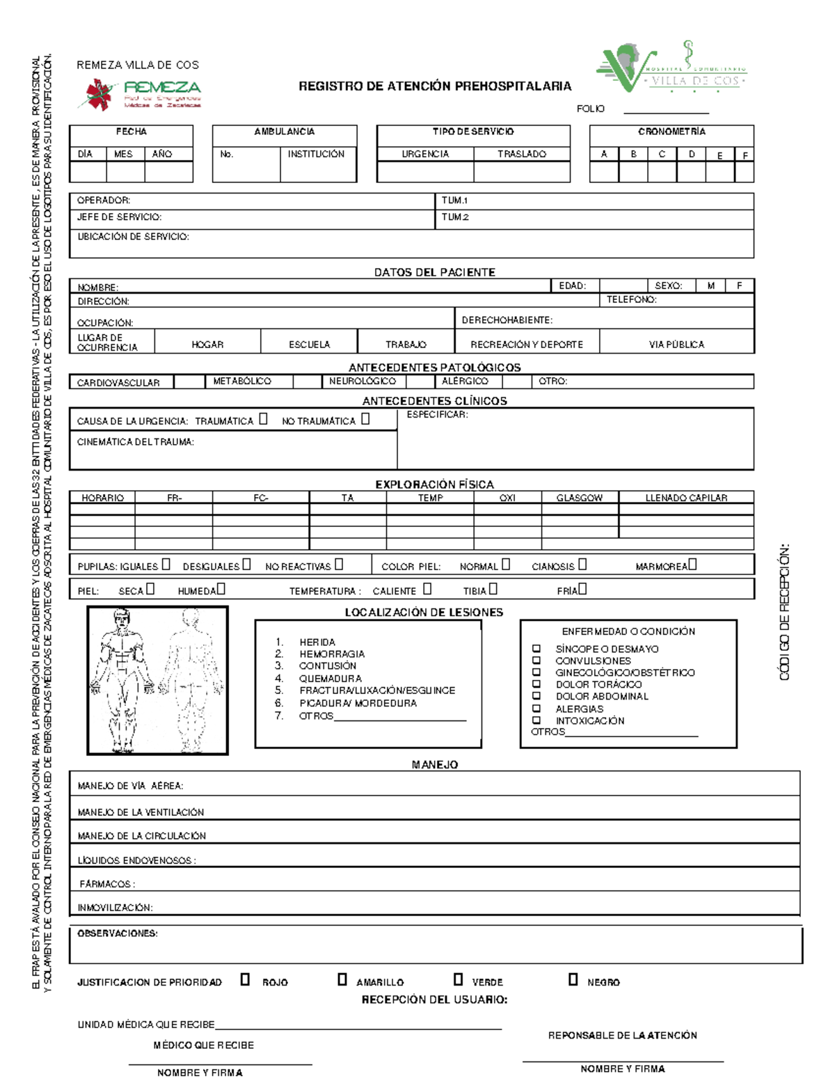 Formato Atencion Prehospitalaria AMB 05 - REMEZA VILLA DE COS REGISTRO DE ATENCIÓN ...