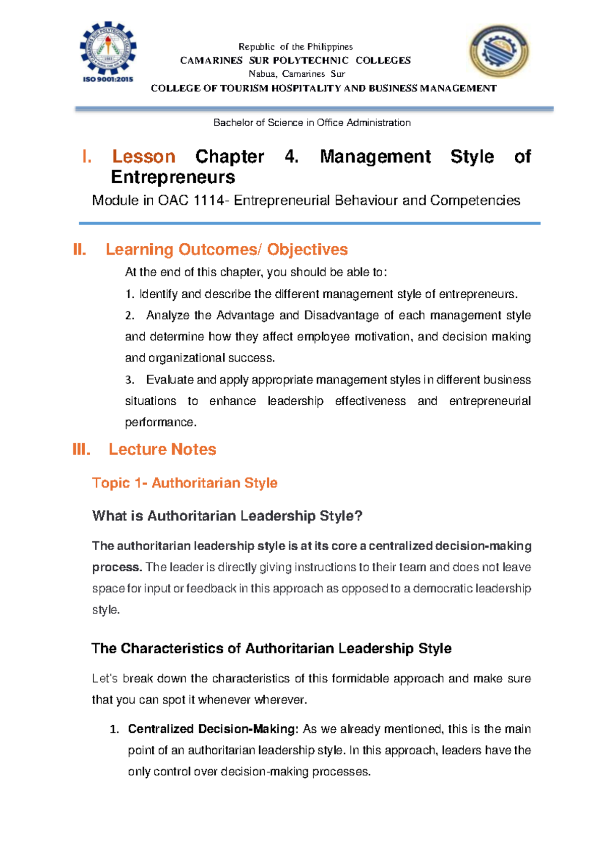 BSOA-3D Module 4: Entrepreneurial Management Styles and Their Impact ...