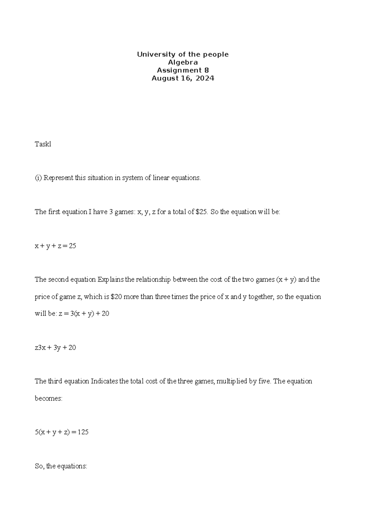 Algebra 8 - Unit 8 Assignment: Solving Linear Equations System - Studocu