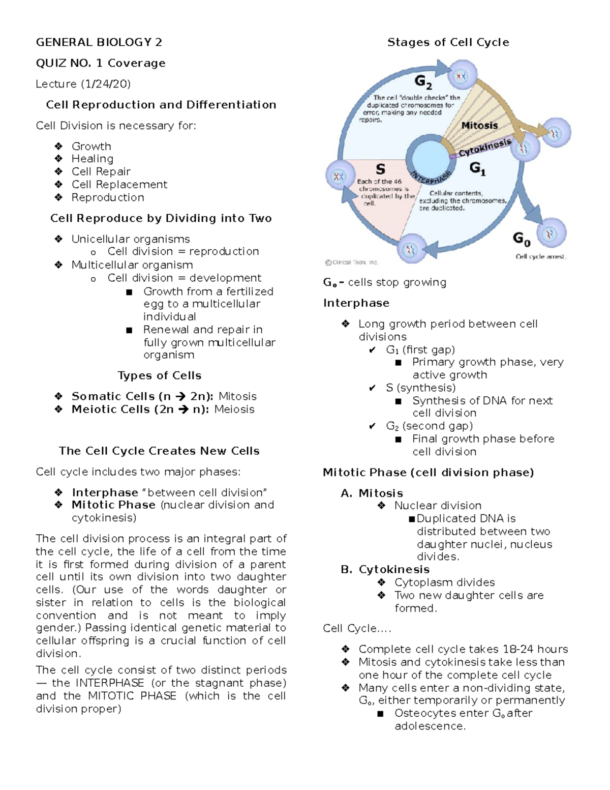General Biology 2 Lecture Notes: Cell Reproduction & Differentiation ...