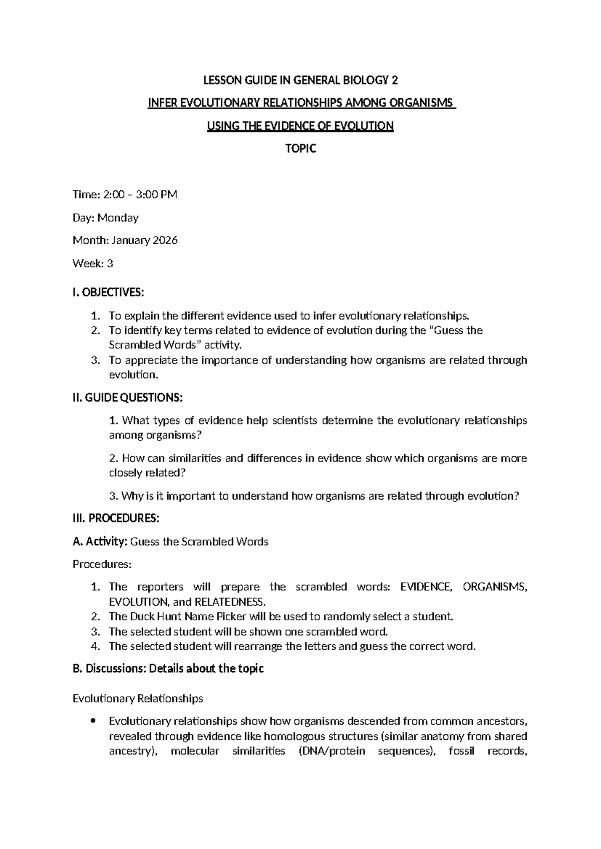 LESSON GUIDE IN GENERAL BIOLOGY 2: EVIDENCE OF EVOLUTION - Studocu
