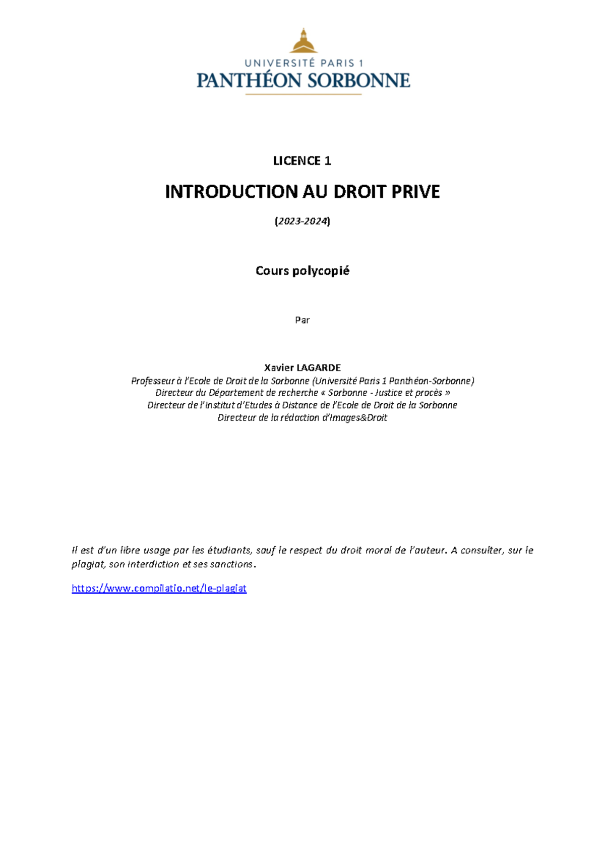 Introduction au Droit Privé - Licence 1 (2023-2024) Cours de Xavier ...