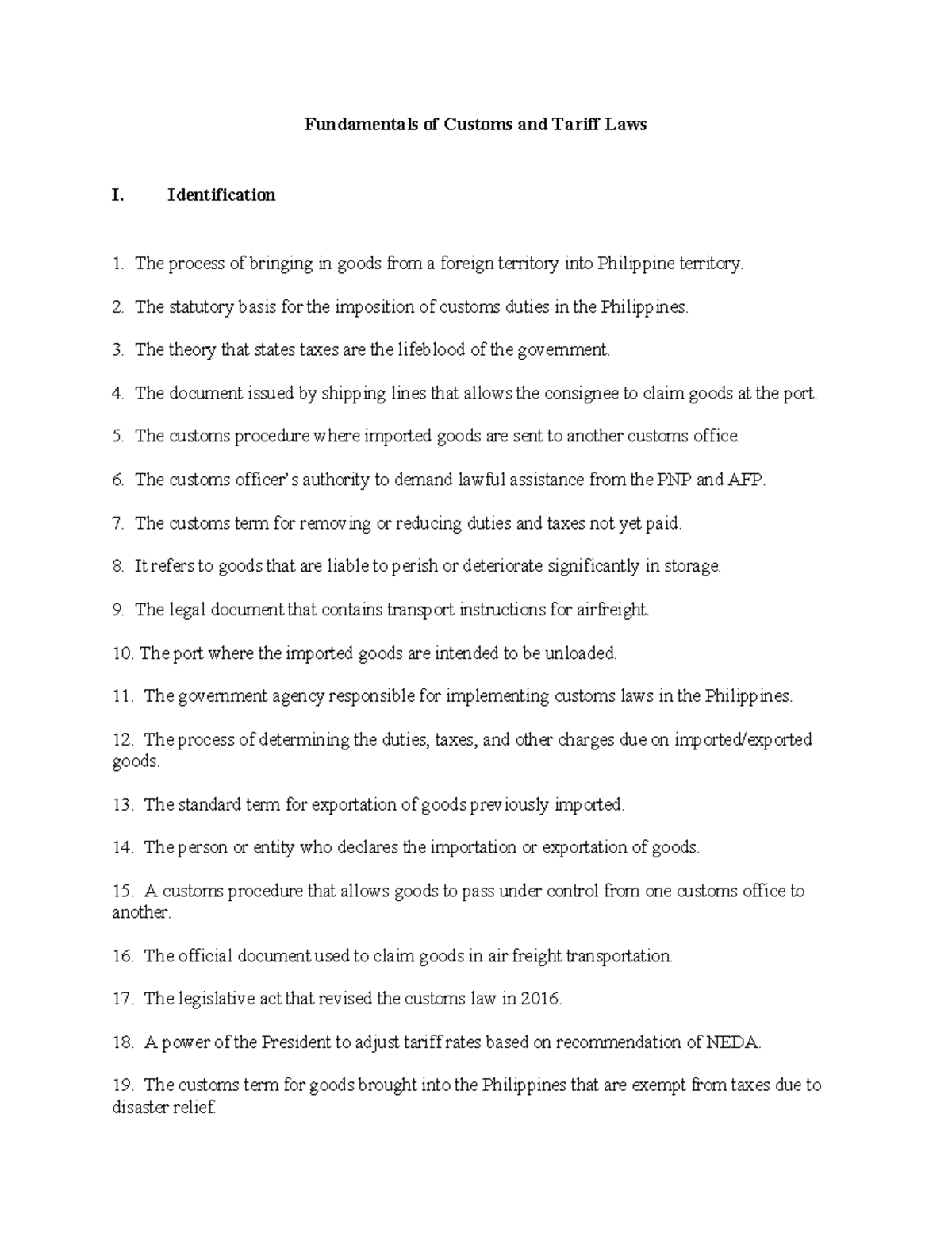 TM 101 Rem - Reviewer for Fundamentals of Customs & Tariff Laws - Studocu