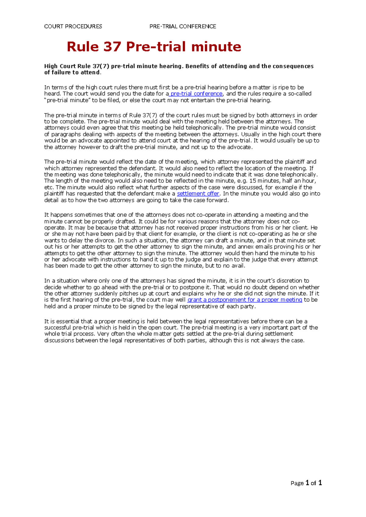 IC - Summary of Court Procedures for Pre-Trial Conference - Studocu