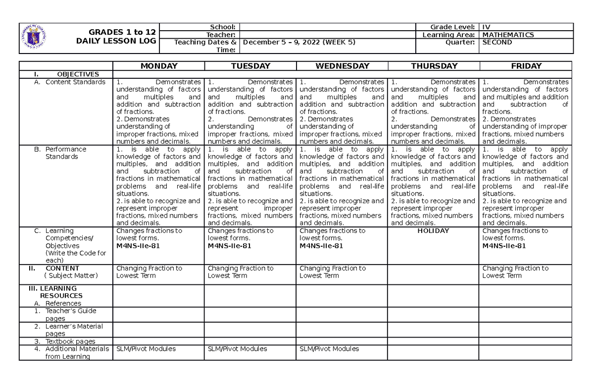 DLL MATH G4 Q2 W5 - DLL Math quarter 2 week 5 - GRADES 1 to 12 DAILY ...