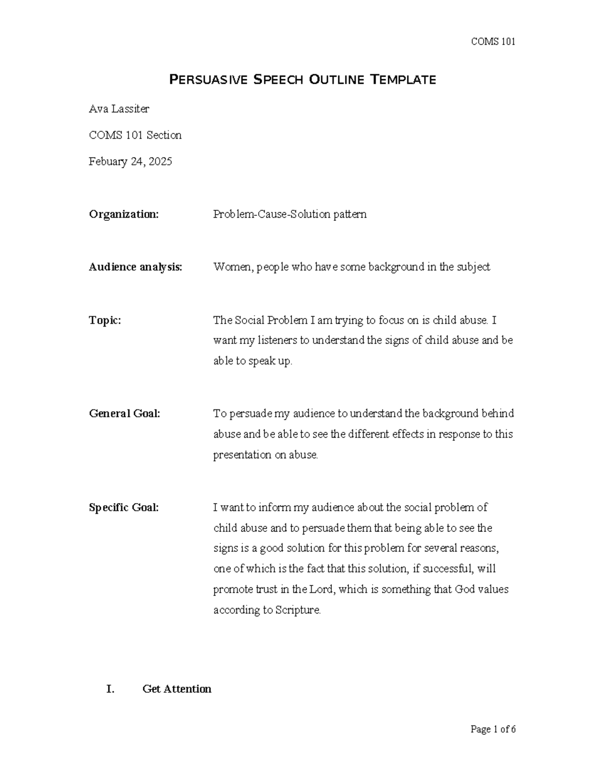 Persuasive Speech Outline Template - PERSUASIVE SPEECH OUTLINE TEMPLATE ...