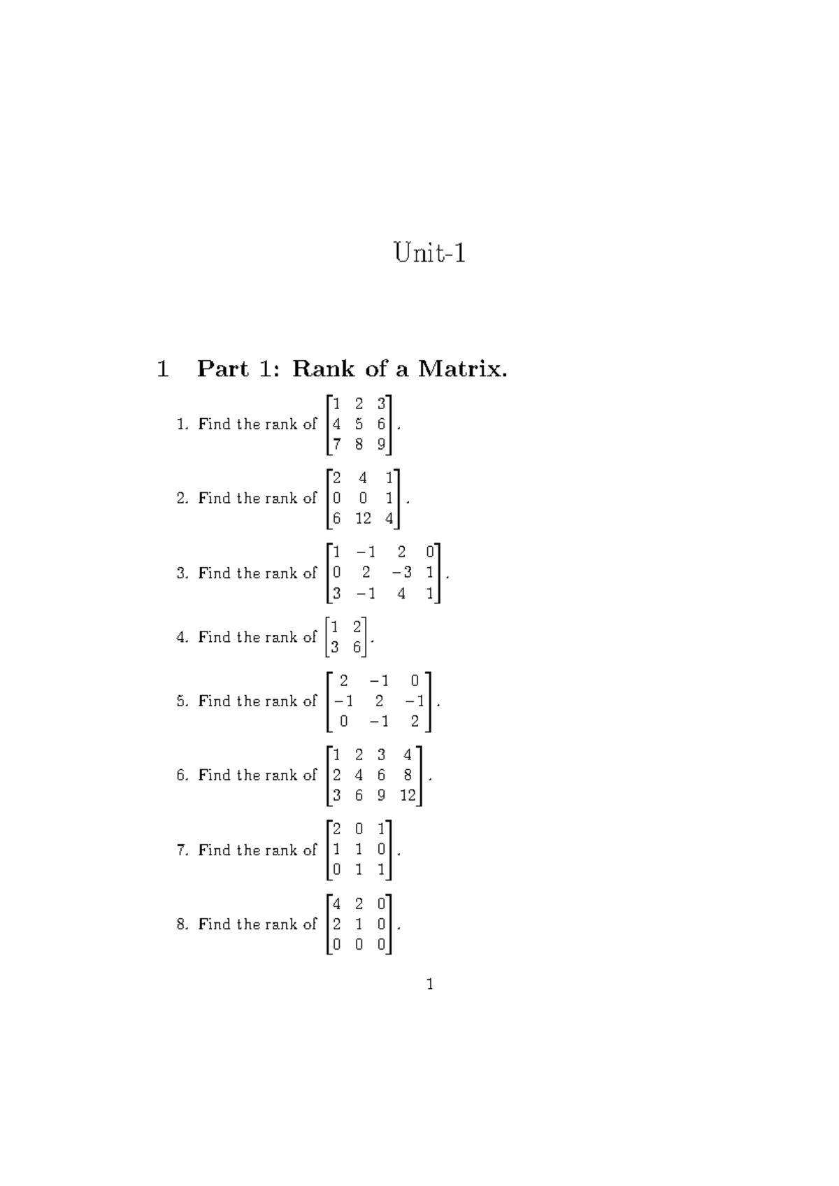 Unit I Practice Sheet: Matrix Rank, Linear Independence & Eigenvalues ...