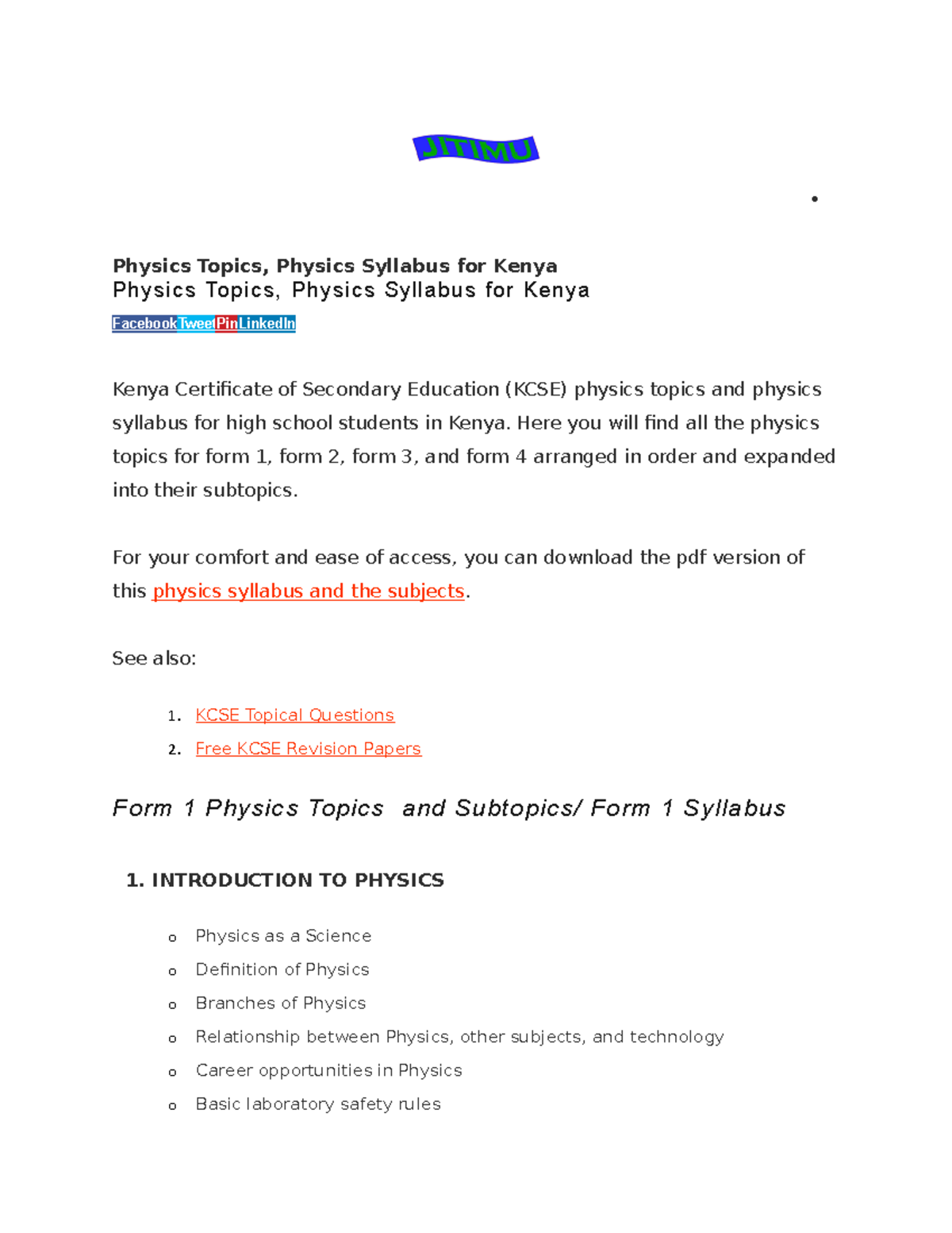 KCSE Physics Syllabus Overview: Topics for Forms 1-4 in Kenya - Studocu