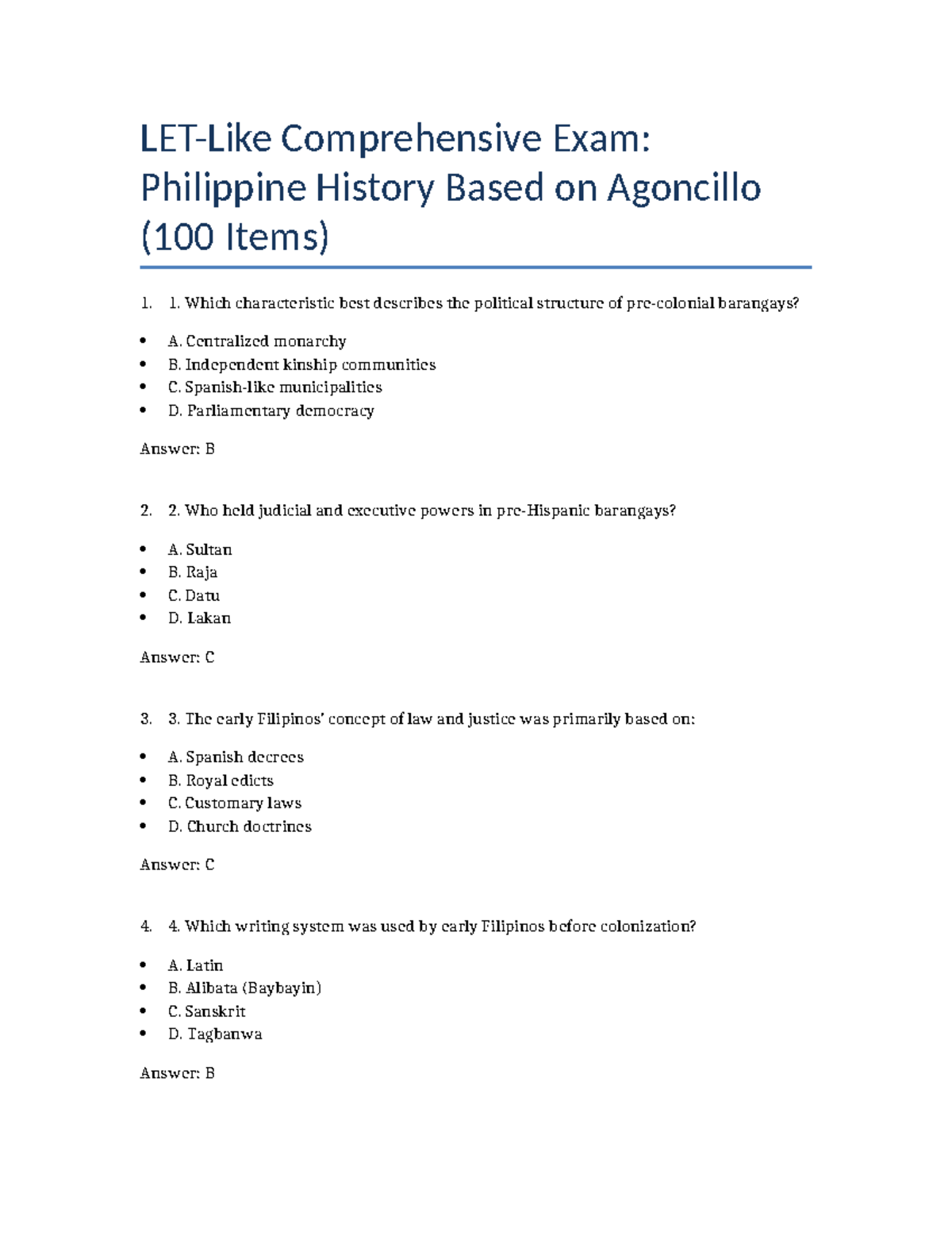 LET Exam: Philippine History Review (100 Items) - Studocu