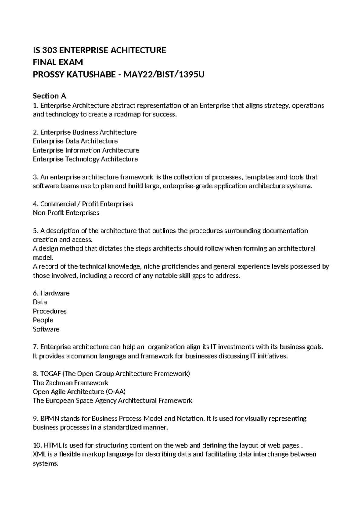 IS 303 ENTERPRISE ARCHITECTURE FINAL EXAM STUDY NOTES - Studocu