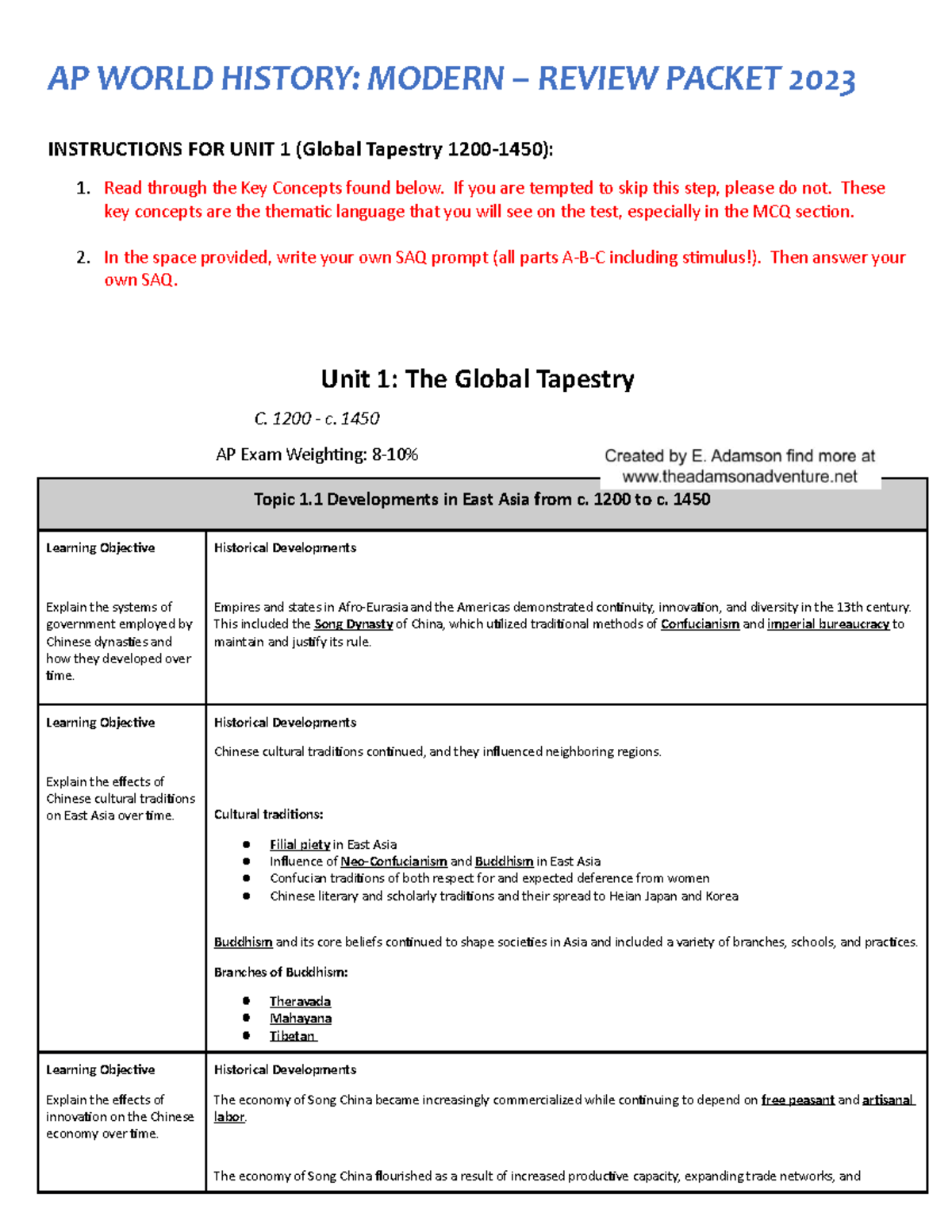 AP WORLD HISTORY: MODERN – UNIT 1 & 2 REVIEW PACKET 2023 - Studocu