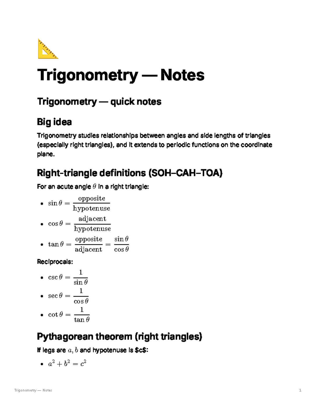 Trigonometry Notes: Key Concepts and Formulas for Study - Studocu