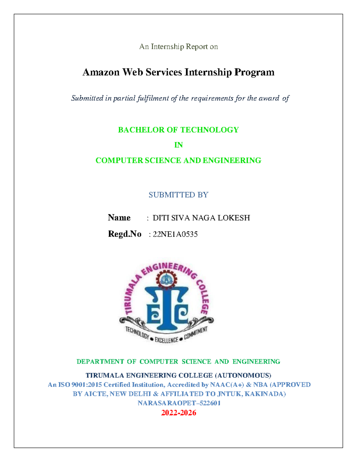 Final Report: AWS Cloud Computing Internship Experience - CSE 22NE1A ...