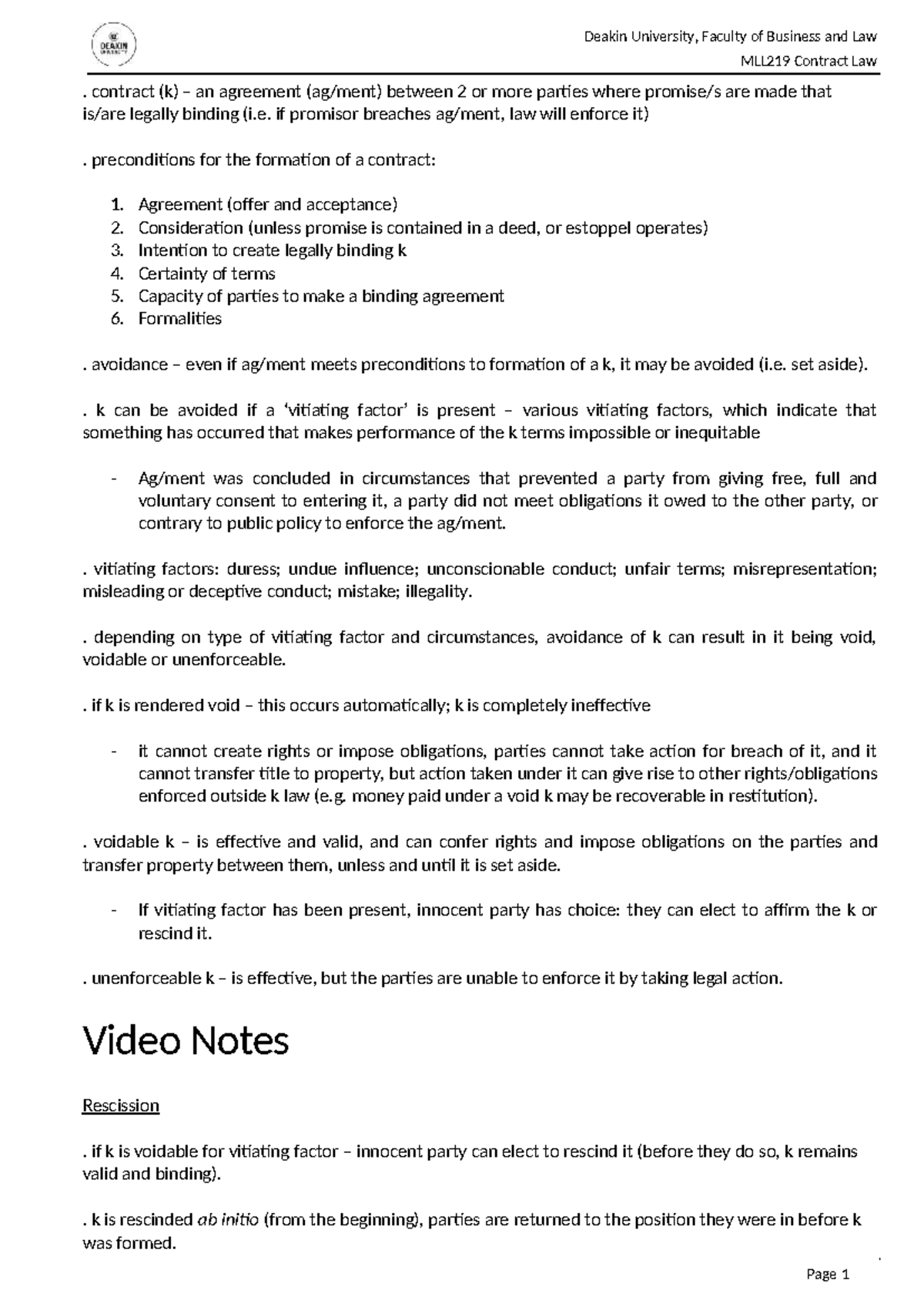 Deakin University MLL219 Contract Law Notes: Key Concepts and Vitiating ...