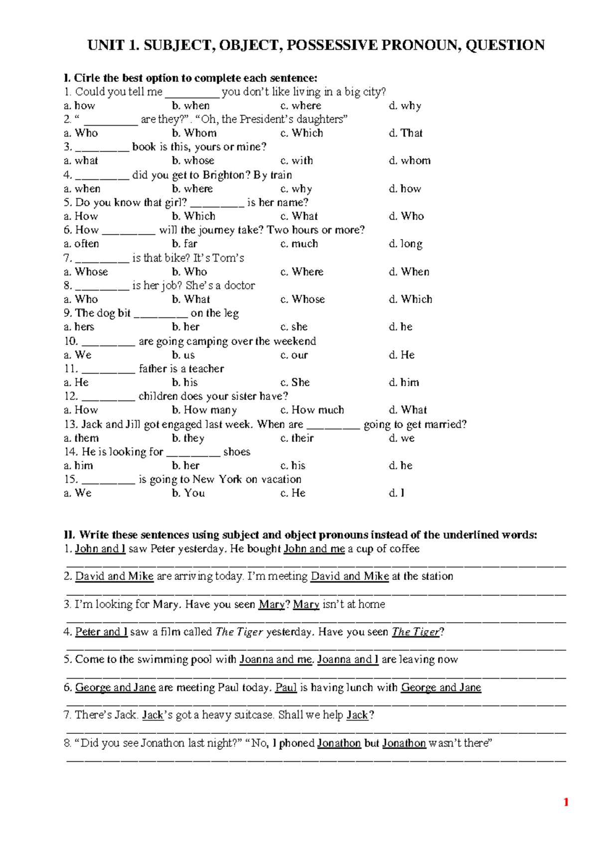 G12 1207 - for practice - UNIT 1. SUBJECT, OBJECT, POSSESSIVE PRONOUN ...