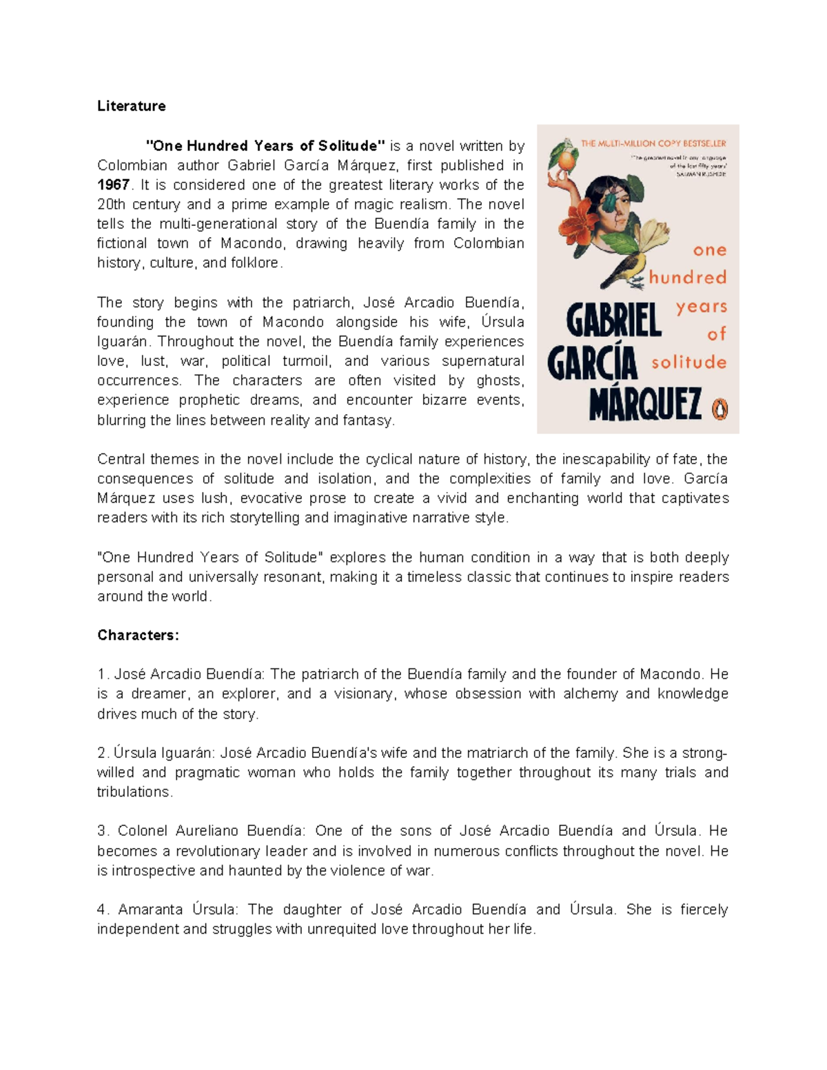 one hundred years of solitude - Literature "One Hundred Years of ...