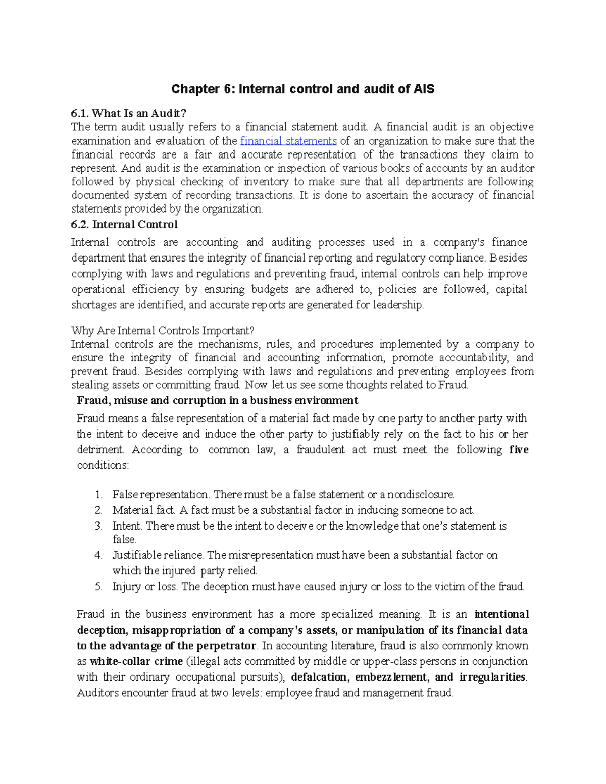 Chapter 6: Internal Control & Audit of AIS - AIS Study Notes - Studocu