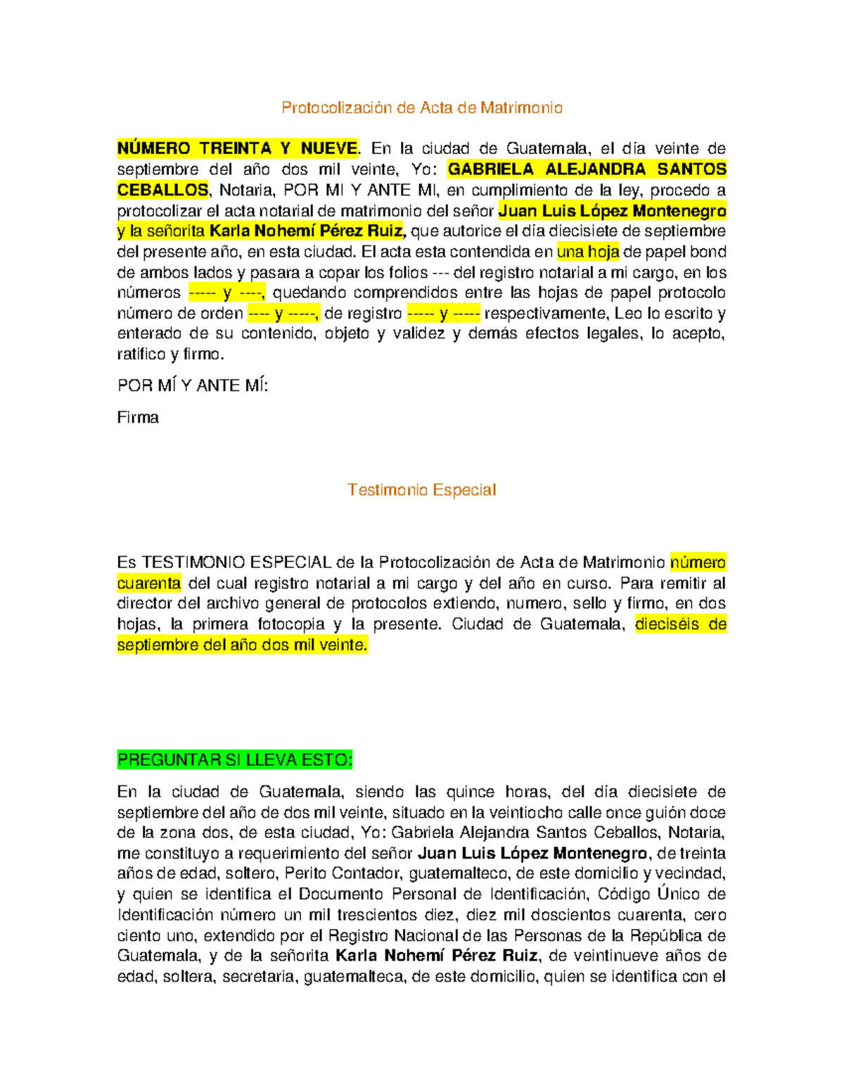 8 Protocolización de Acta de Matrimonio - Protocolización de Acta de Matrimonio NÚMERO TREINTA Y ...